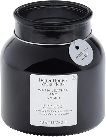 Better Homes & Gardens Warm Leather & Amber Scented Wooden Wick Candle, 14 oz Jar