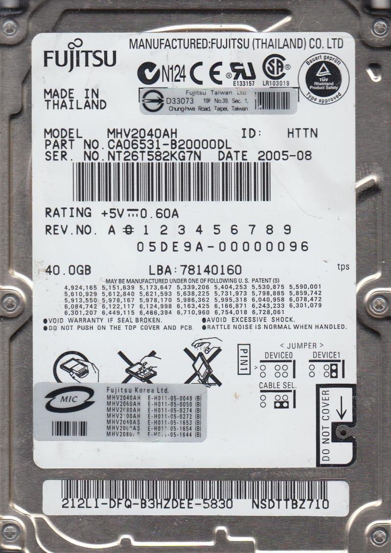 MHV2040AH, PN CA06531-B20000DL, Fujitsu 40GB IDE 2.5 Hard Drive
