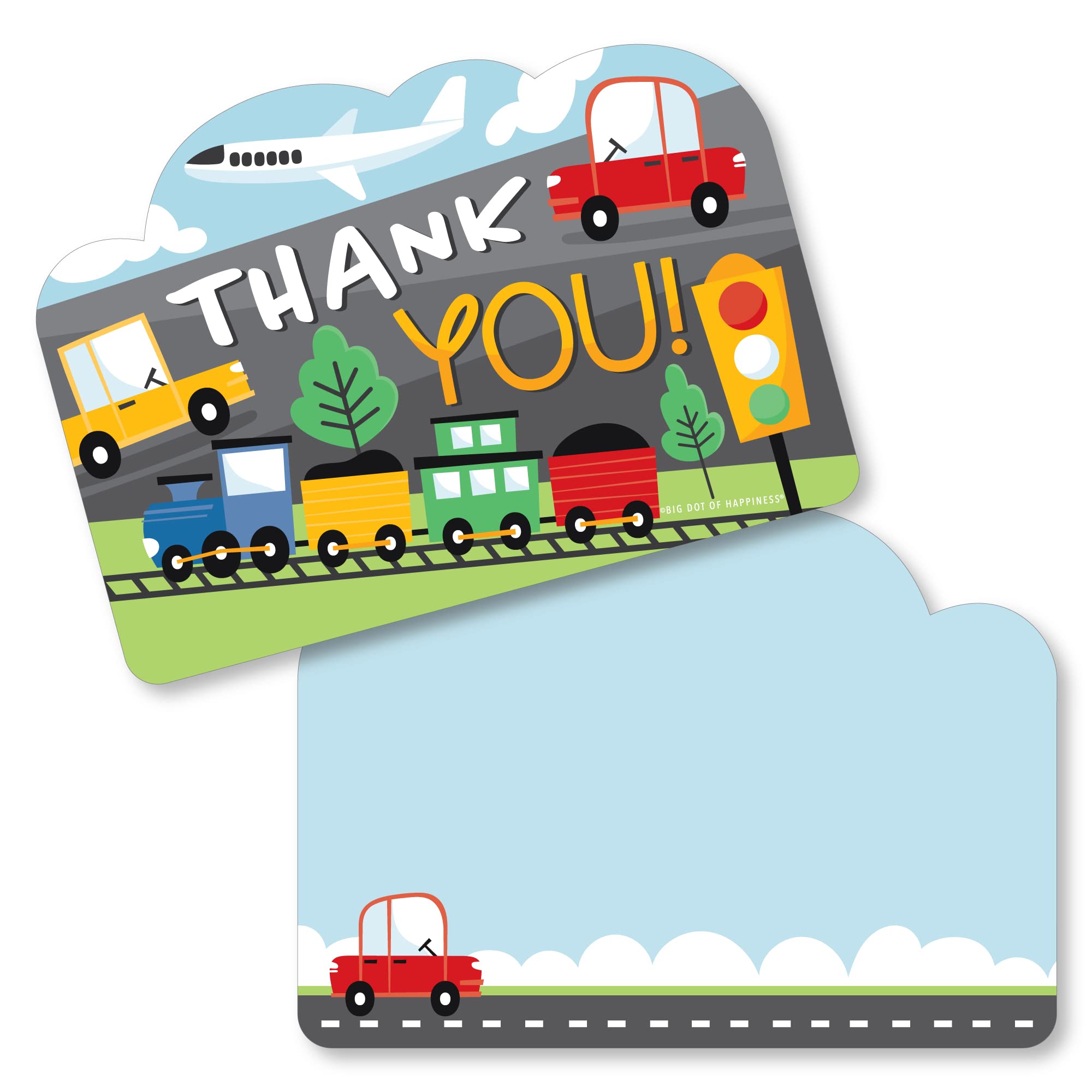 Big Dot of Happiness Cars, Trains, and Airplanes - Shaped Thank You Cards - Transportation Birthday Party Thank You Note Cards with Envelopes - Set of 12