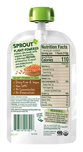 Sprout Organic Baby Food, Stage 3 Pouches, Pumpkin & Red Lentil Plant Powered Protein, 4 Oz Purees (Pack of 6)