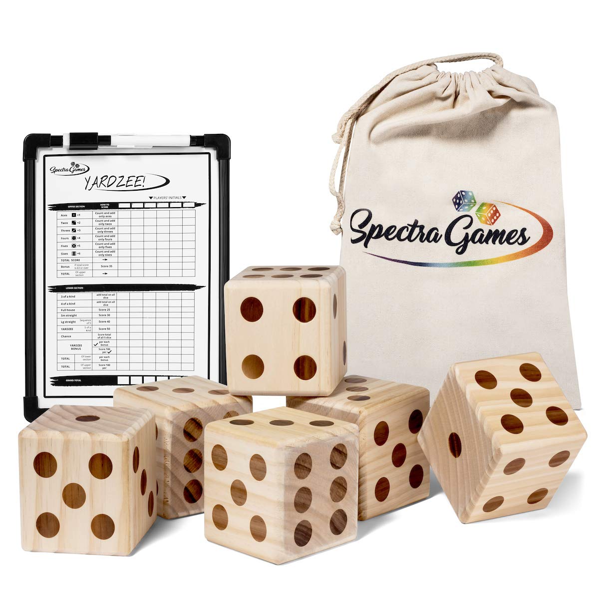 Giant Wooden Yard Dice Set for Lawn Games and Outdoor Yard Games. Family Fun - Includes Larger Double Sided Yardzee and Farkle Dry Erase Scoreboard, 6 Dices (White)