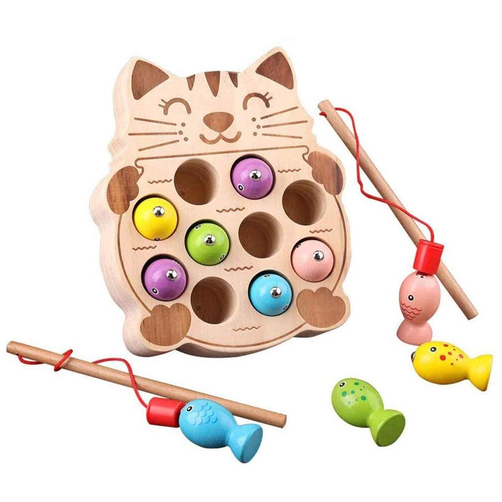 enlitoys Wooden Fishing Game Montessori Toys for Toddlers Magnetic Cat-Shape Fishing Toy Fine Motor Skill Learning with Fishing Pole Fishes Preschool Gifts for Kids Children