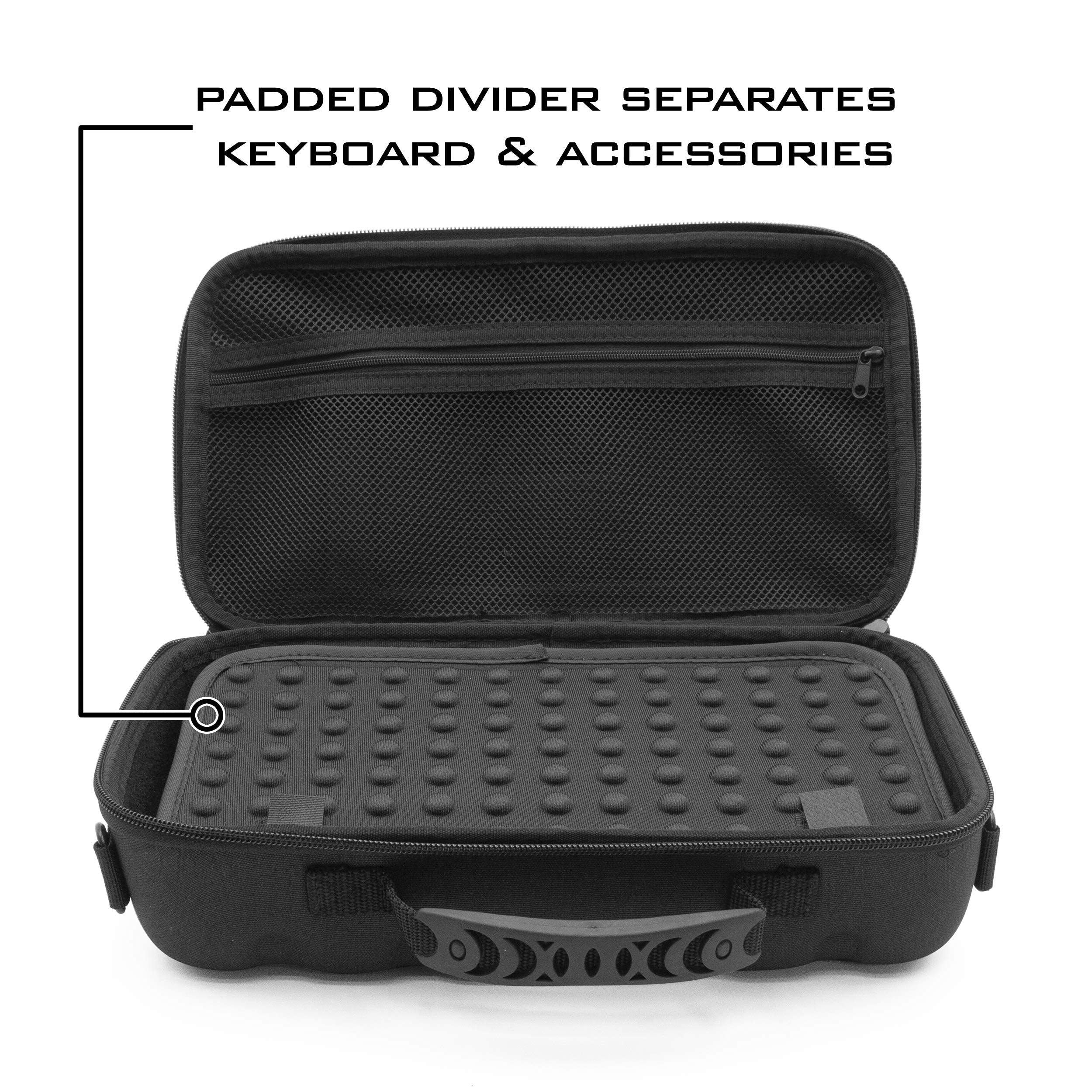 CASEMATIX 60% Keyboard Case for 61 Key Mechanical Keyboards up to 11.5" - Protective Hard Shell Travel Case with Shoulder Strap, Padded Divider and Accessory Storage, Black