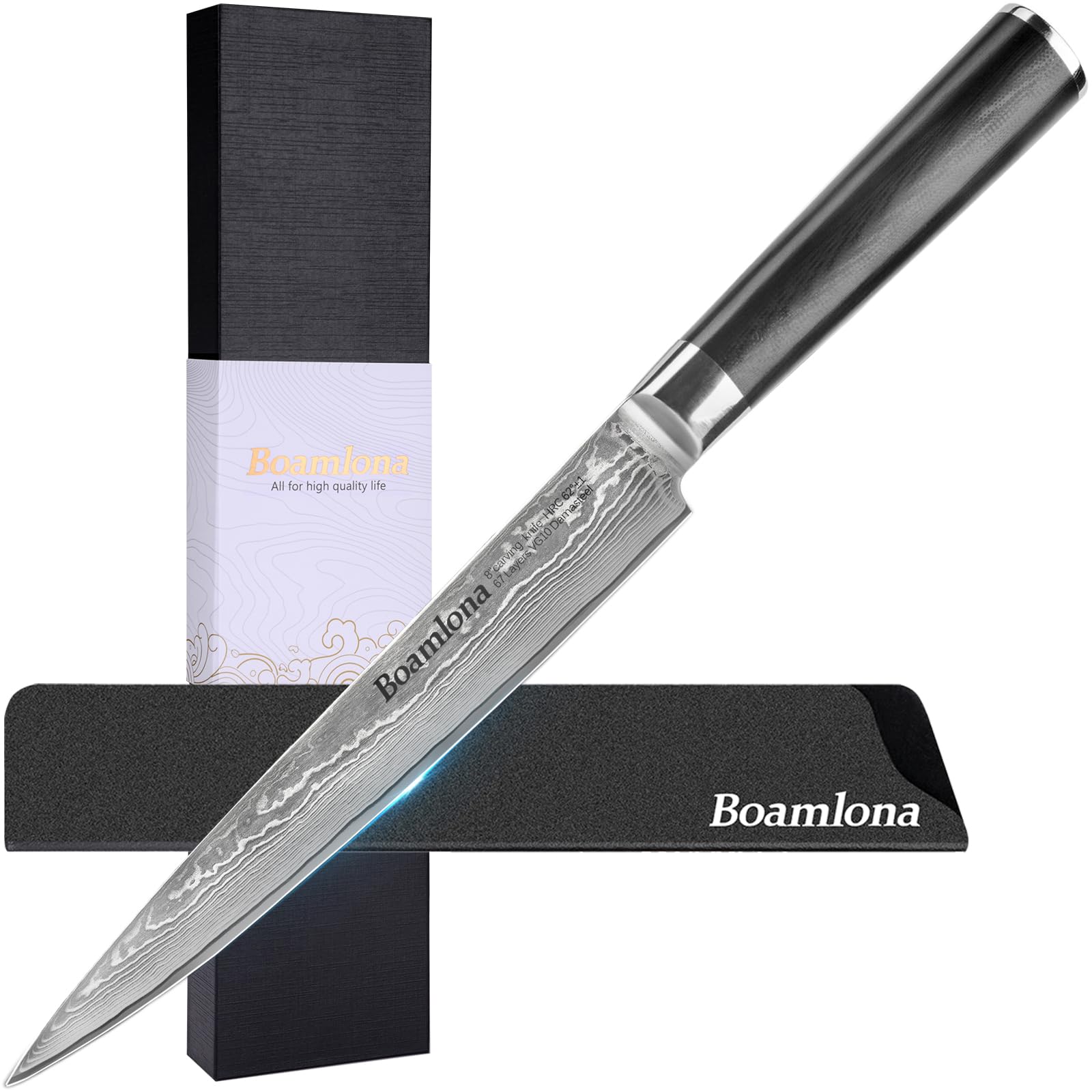 BOAMLONA Damascus Carving Knife - 8" Slicing Razor Sharp Meat Cutting Knife - Japanese VG10 Steel Core High-carbon steel Forged -Full Tang Ergonomic G10 Handle/w Sheath&Gift Box