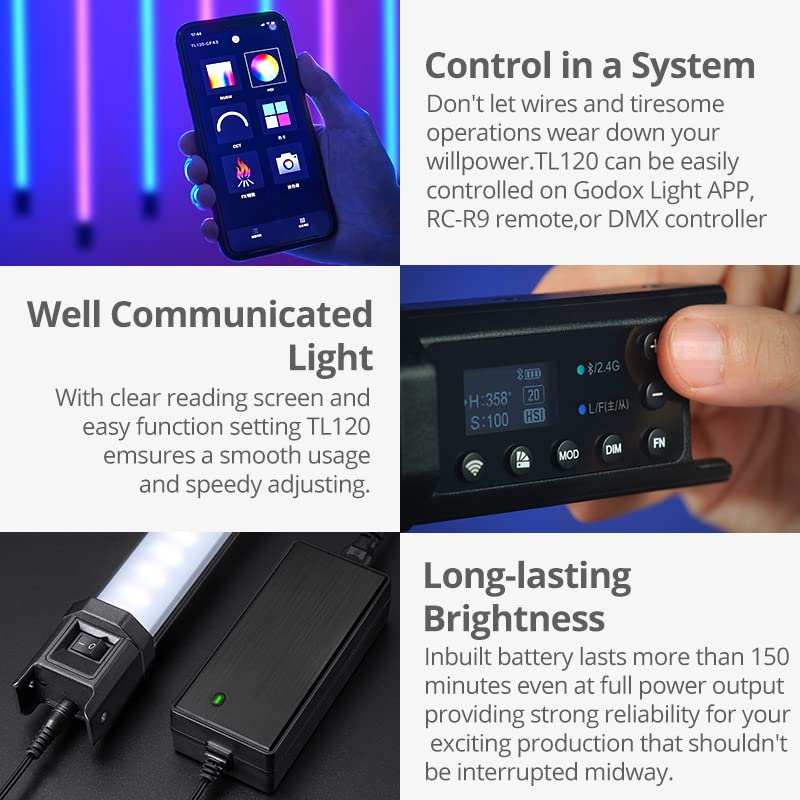 Godox TL120 TL120-K4 Pavo Tube Light RGB Color Photography Light Handheld Light Stick with APP Remote Control for Photos Video (TL120-KIT4)