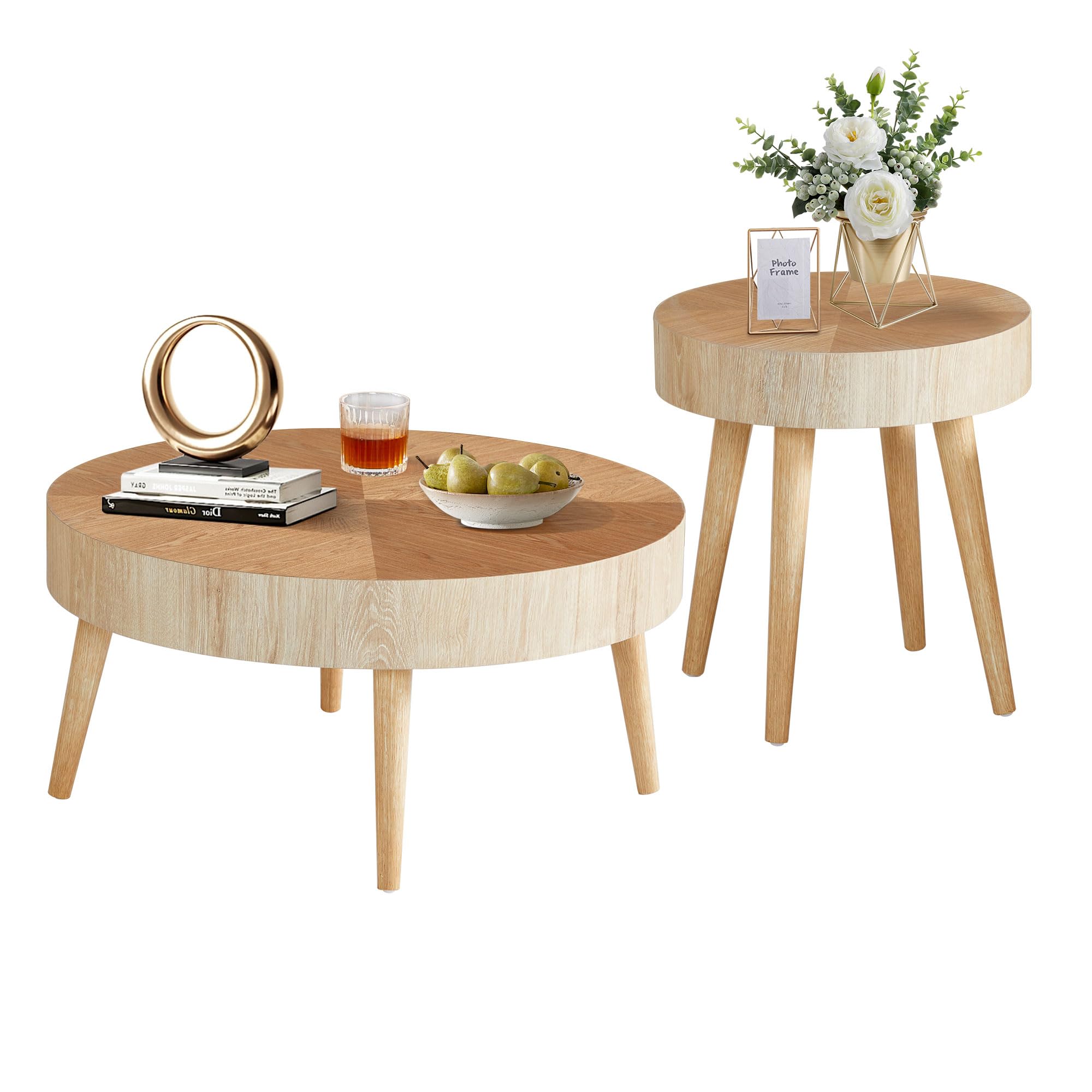 AVZEAR Nesting Round Coffee Table Set of 2, Farmhouse Modern Coffee Table, Natural Wood Nesting Tables Boho Side Table End Table Set for Living Room Bedroom, Cafe, Office, Wood Color