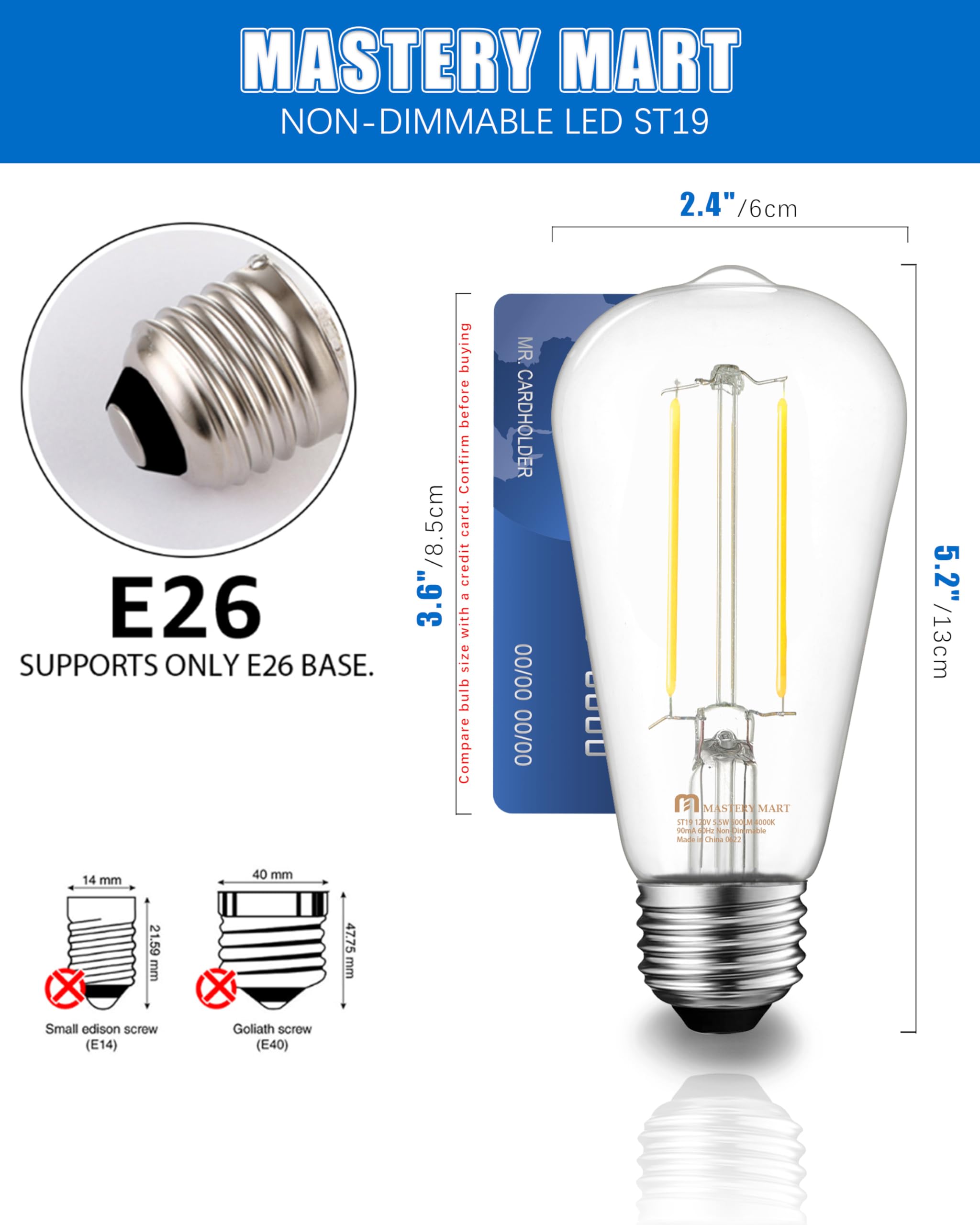 MASTERY MART E26 Led Bulb 60 Watt Equivalent, 5.5W Clear Edison Bulbs, Daylight White 4000k, CRI 90+, 500 Lumen, Vintage ST58 led Light Bulb for Home Non-Dimmable, 6 Pack