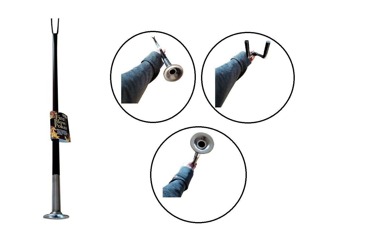 Fireplace Blow Poker Bundle with InstaFire Starter - All in one Fire Poker, Blow Poke, Rake Tool
