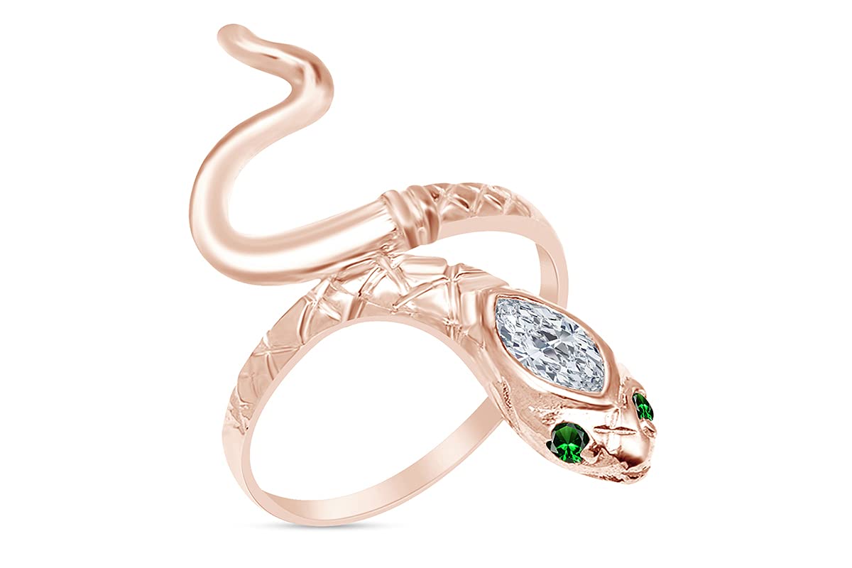 AFFY 14k Rose Gold Over Sterling Silver Simulated Emerald With Cubic Zircinia Snake Band Ring Jewelry For Ladies, Ring Size 4