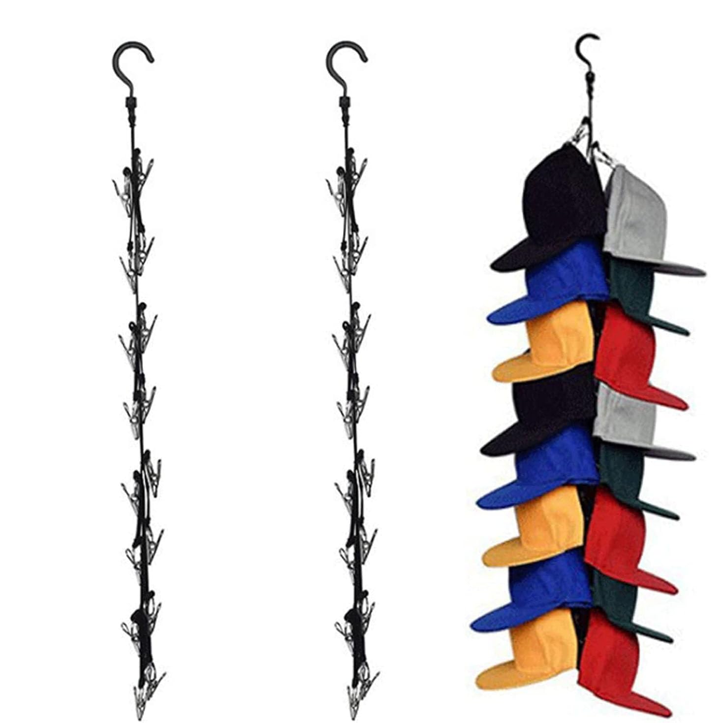 BetterJonny 2 Pack Closet Hanging Hat Organizer Rack, 16 Stainless Steel Hat Storage Clips Hat Organizer Holder for Room Closet for Men or Women Closet Hook Cap Holder(Black)