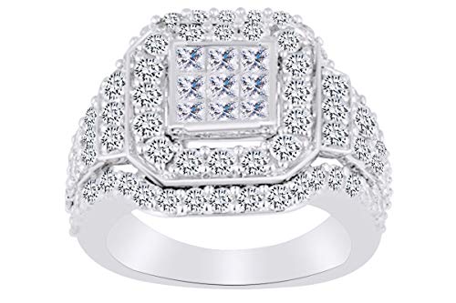 AFFY Princess & Round Shape White Natural Diamond Womens Engagement Wedding Ring In 10k Solid White Gold (3 cttw) Ring Size-10