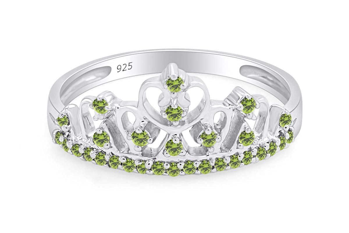 AFFY Round Cut Simulated Peridot Princess Crown Ring in 14k White Gold Over Sterling Silver