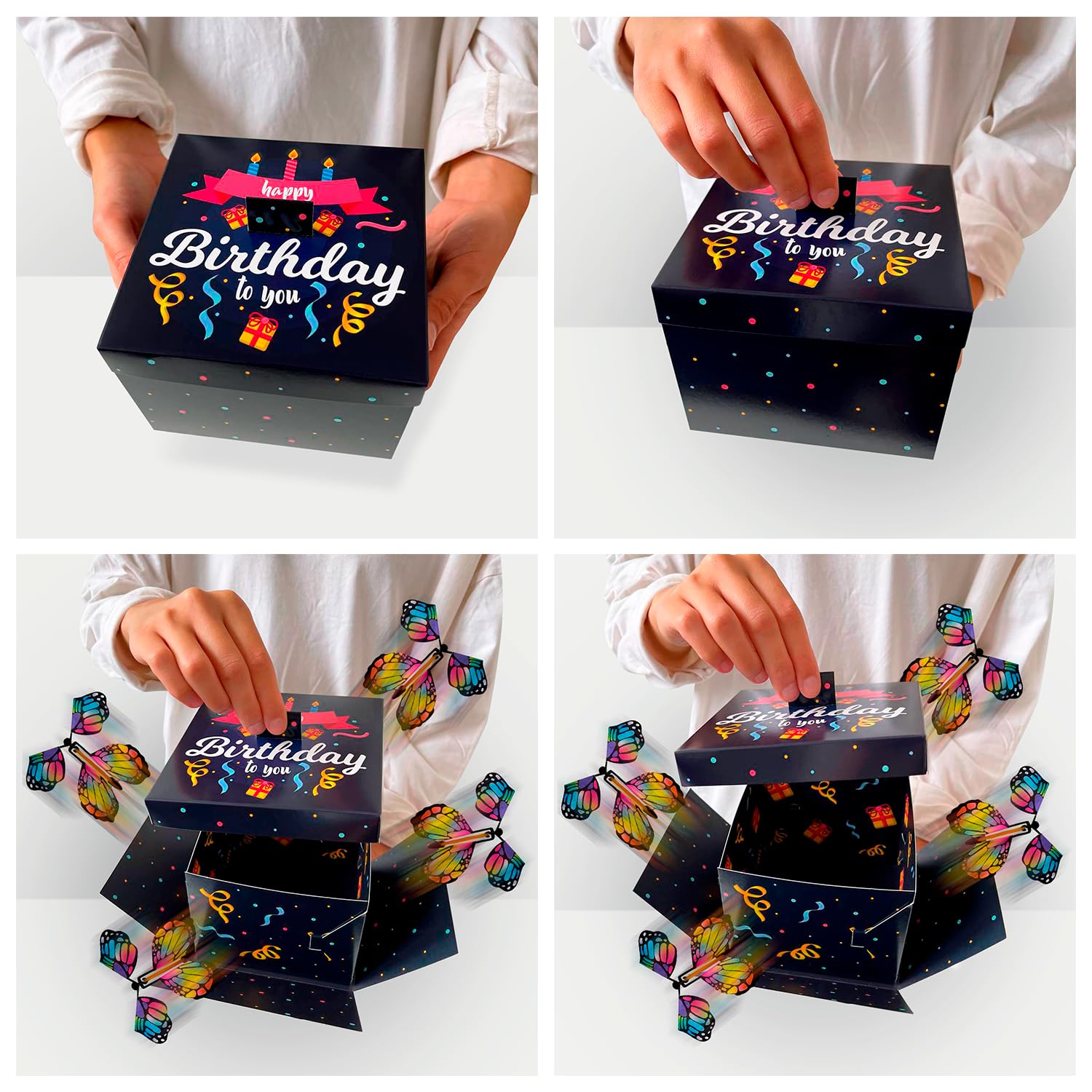 FETTIPOP DIY Butterfly Explosion Gift Box (Happy Birthday) 7.1x5.5x4.3 inches, Surprise Flying Butterfly Box Prank