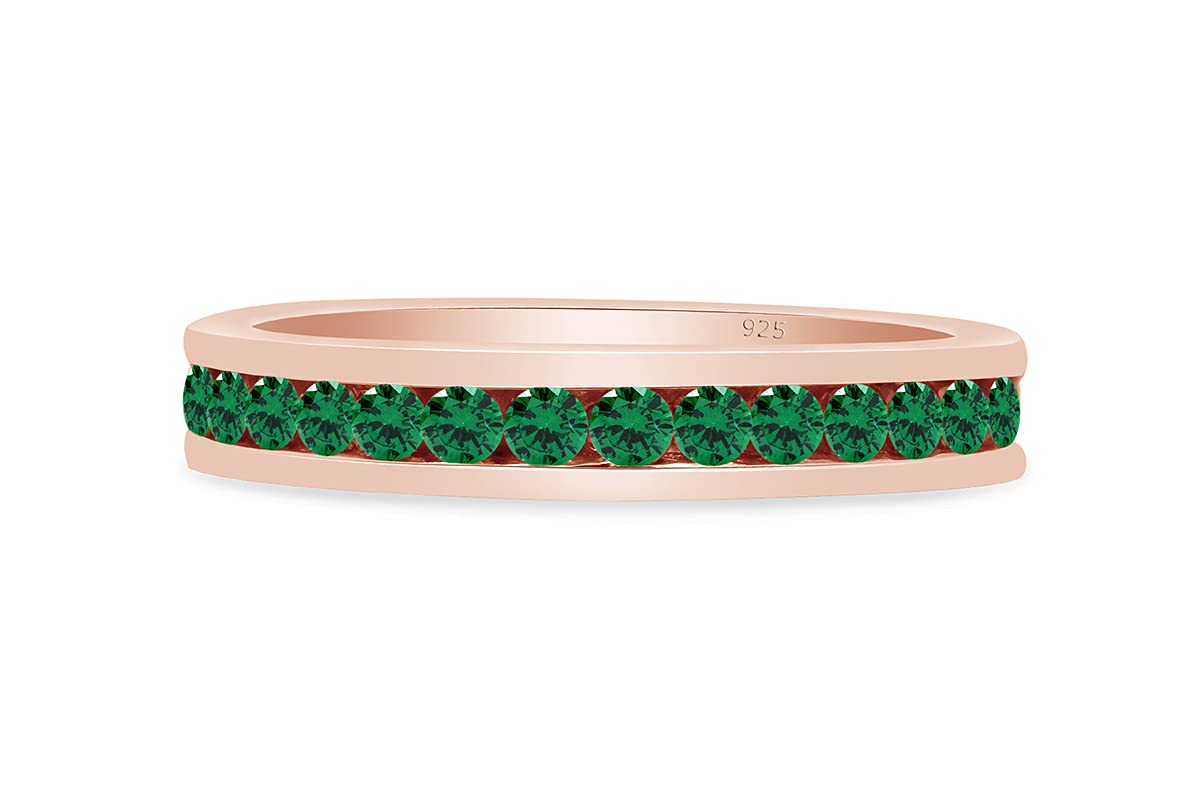AFFY Round Shape Simulated Green Emerald Full Eternity Band Ring in 14K Rose Gold Over Sterling Silver, Ring Size: 7.5