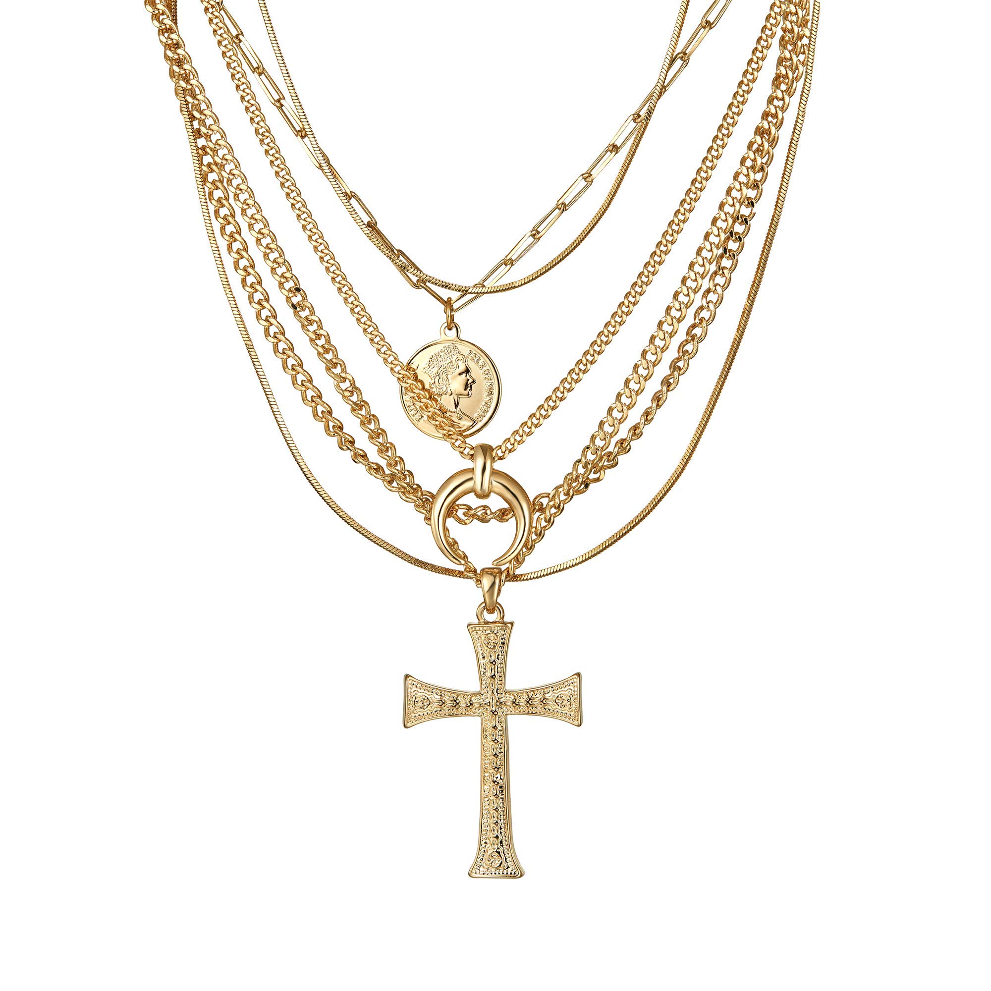 ACC PLANET Gold Layer Necklace Set 6PCS Gold Plated Multilayer Chain Moon Cross Coin Pendant Mother's Day Layered Choker Necklace for Women Gift