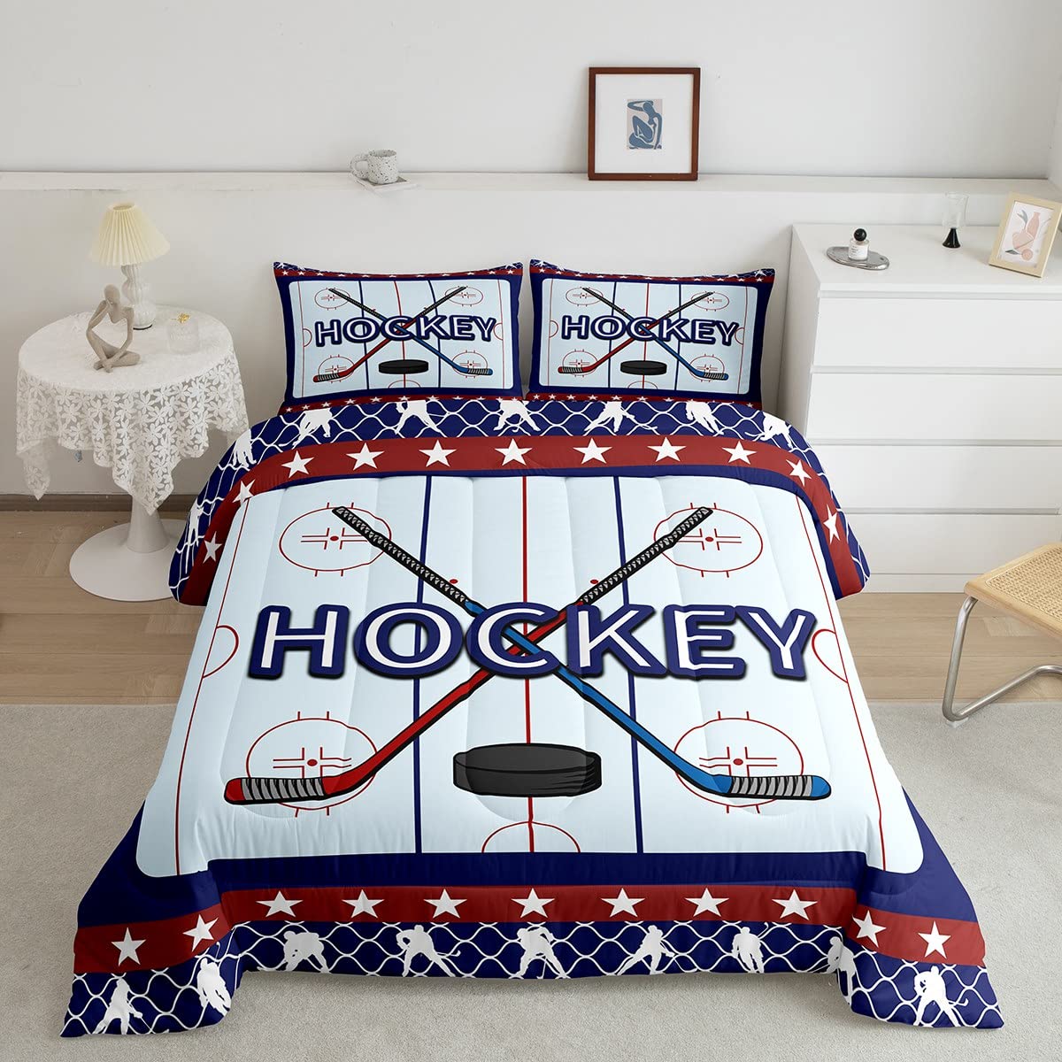 Ice Hockey Full Size Comforter Set,Ice Hockey Sticks Bedding Set for Adults Teens,Children Winter Sports Comforter Luxury Navy and Red Quilt Set Room Decor 3Pcs