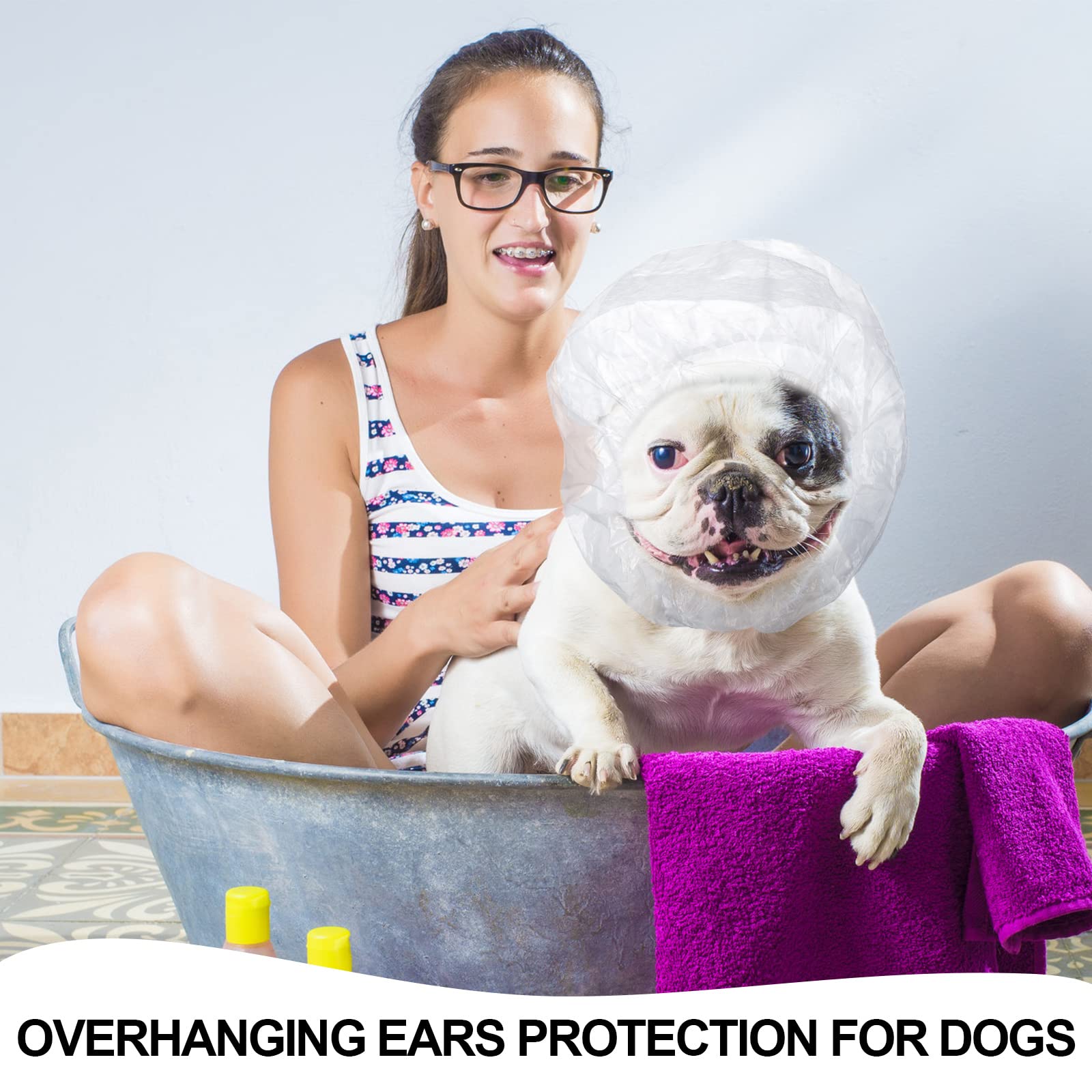 Weewooday 32 Pieces Disposable Pet Shower Caps Plastic Dog Ear Covers for Bathing Dogs Ear Drops Cap Guard Transparent Overhanging Ears Protection for Puppy Kitten Small Pets Bath Shower Rain Water