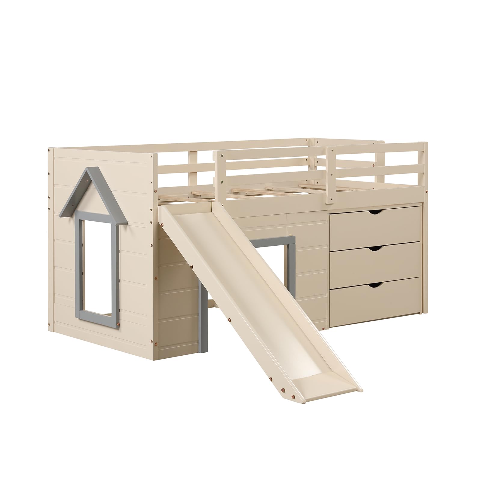 Giantex Twin Low Loft Bed with Slide, Solid Wood Twin Loft Bed with Ladder, 3 Storage Drawers and Bottom Game Space, Kids Bed Frame for Girls Boys, No Box Spring Needed, Sage