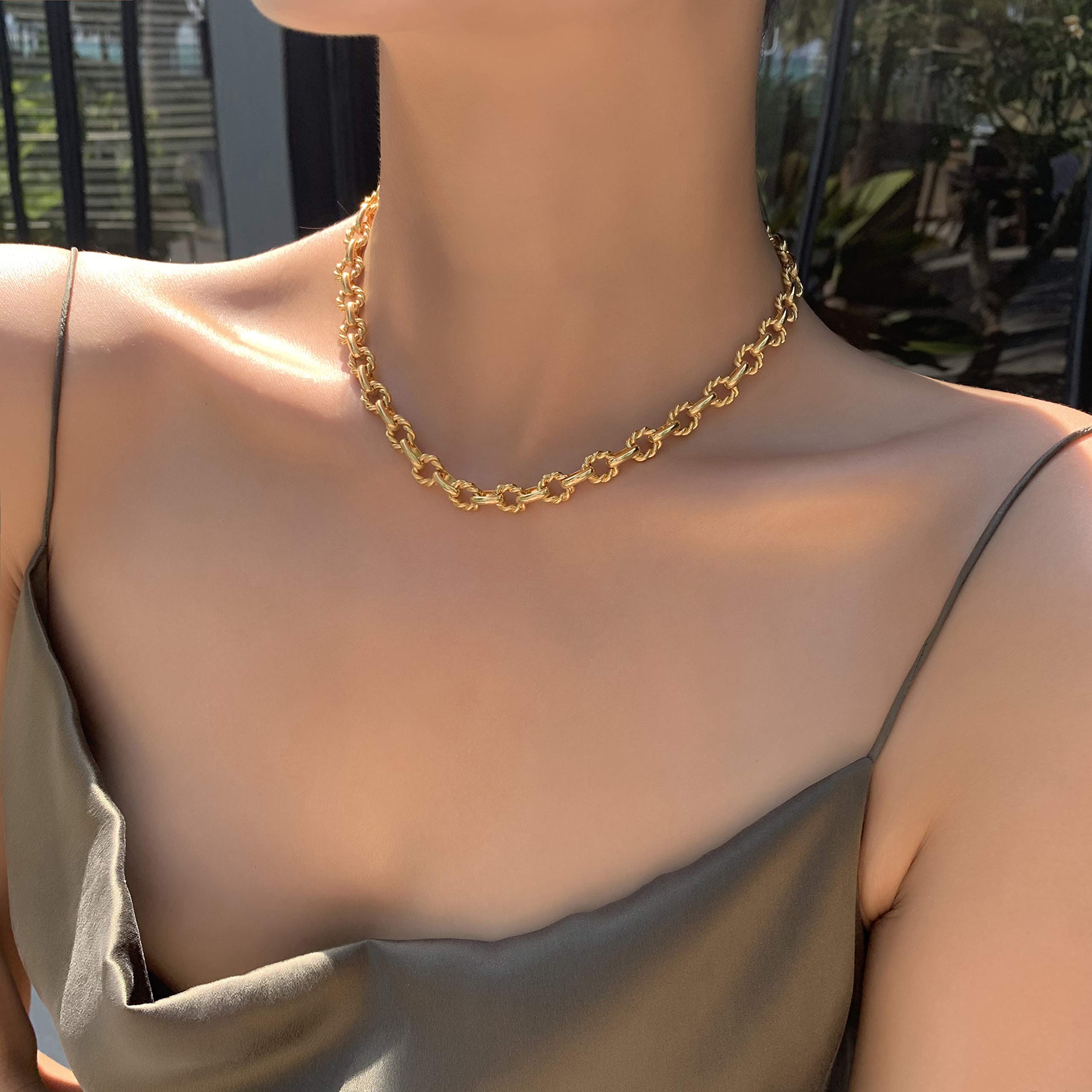 ACC PLANET Statement 14k Gold Plated 4mm Thick Oval Chain Link Choker Toggle Necklaces Chunky Gold Jewelry for Women Gift
