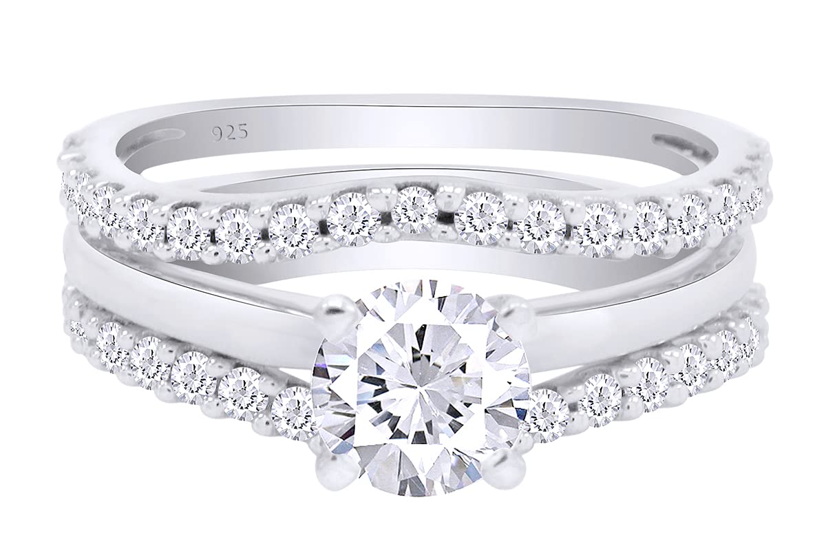AFFY Round White Cubic Zirconia Enhancer Guard Ring In 14K White Gold Over Sterling Silver Jewelry For Women (1.00 Cttw) Ring Size-9.5