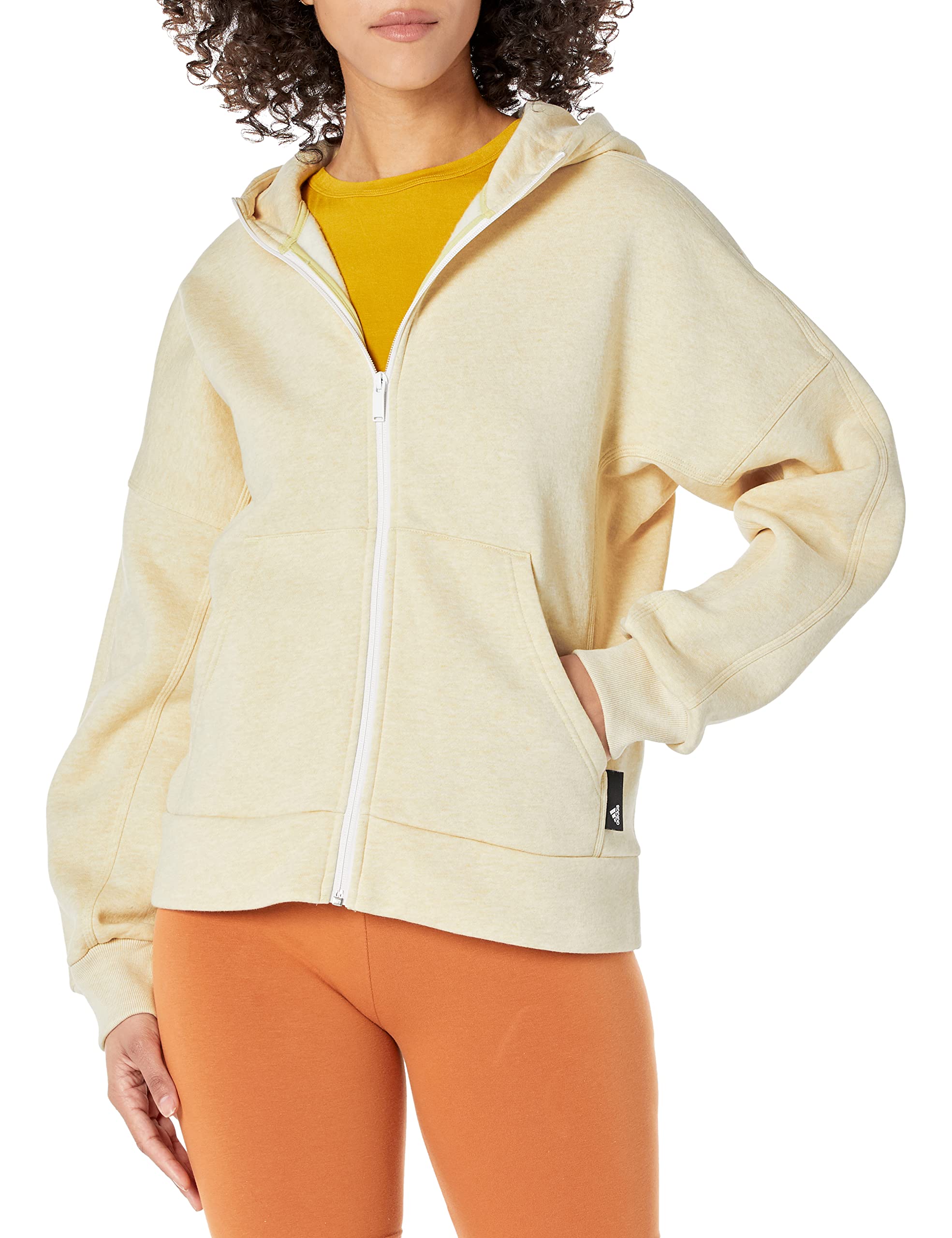 adidas Women's Studio Lounge Fleece Hooded Fullzip, Botanic Beige Melange, Large