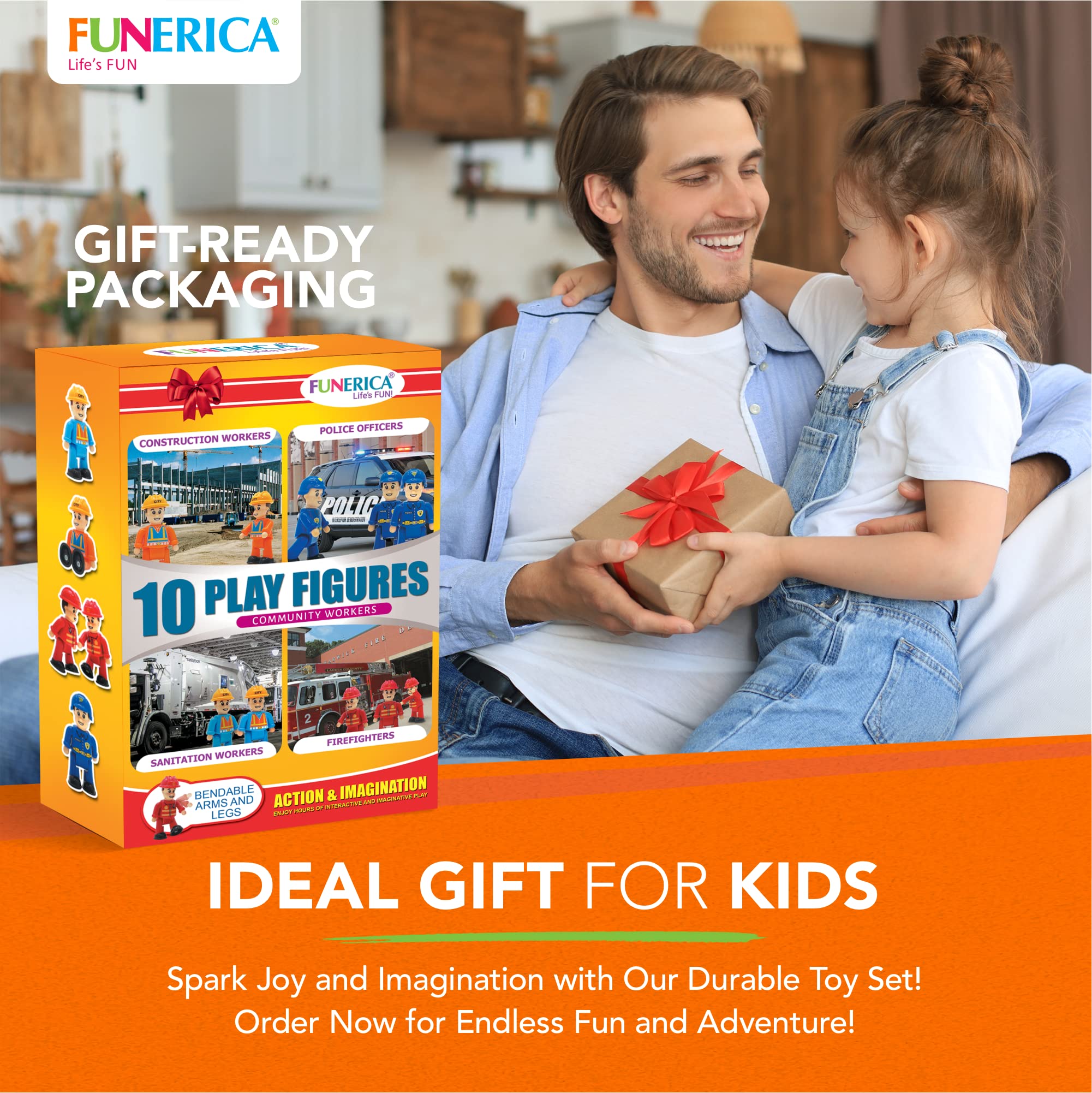 FUNERICA 10-Set Toy People Figures - Bendable Fireman, Police, Construction Workers, Community Helpers, Play Little People Toys Figurines Dollhouse Firefighter playset