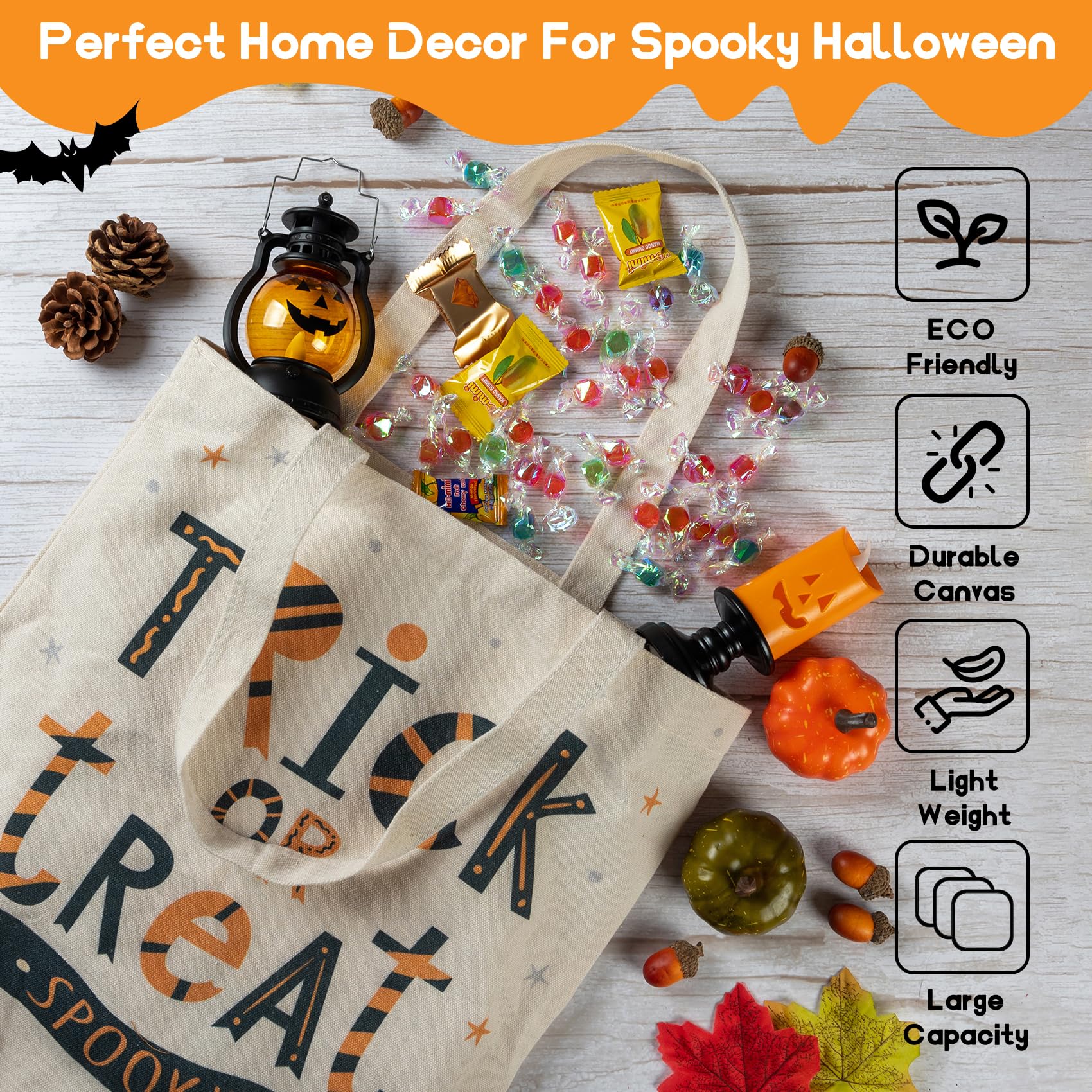 ATFUNSHOP 13.8" Large Halloween Tote Bag Trick or Treat Canvas Reusable Large Bucket for Kids