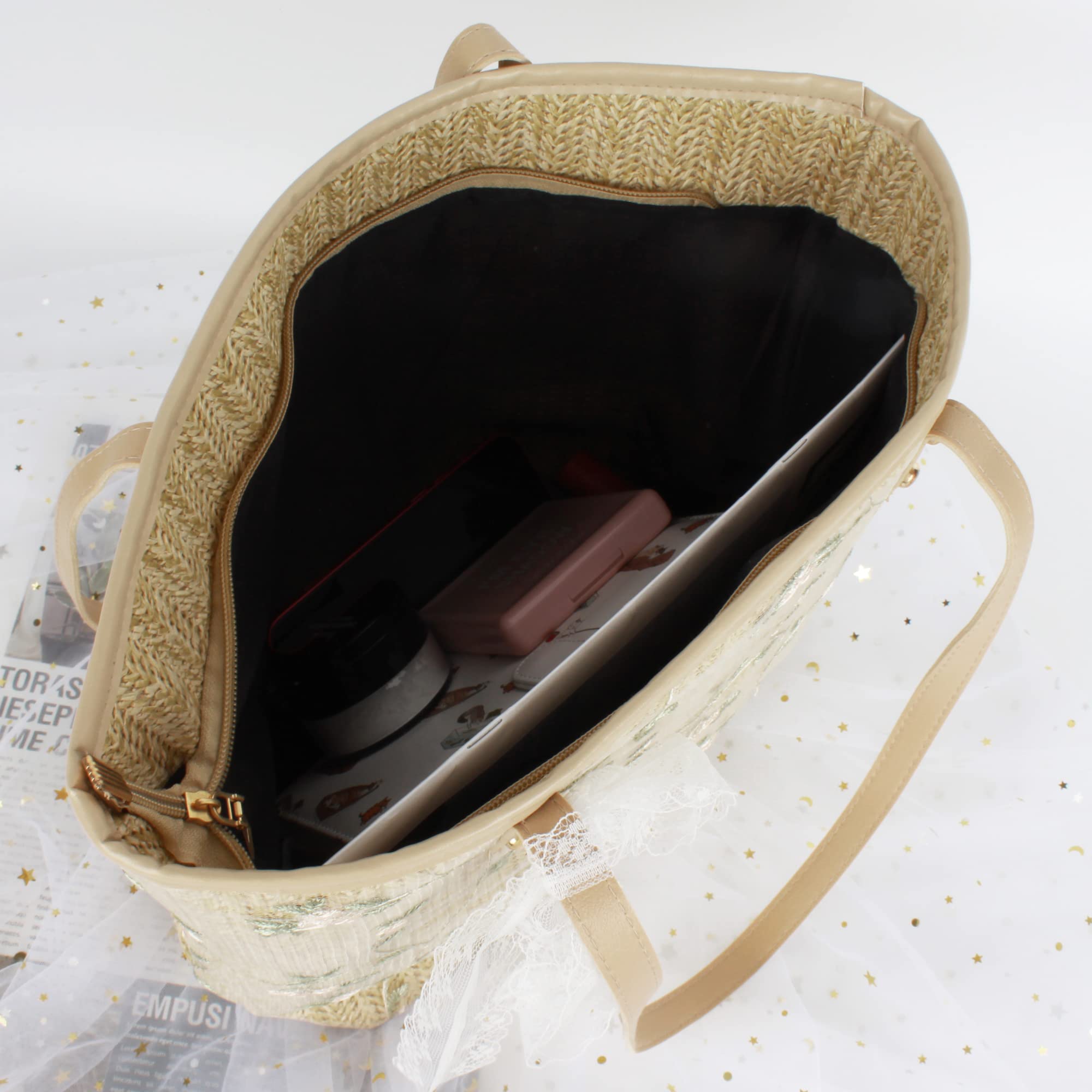 Goclothod Women Flower Embroidered Straw Handbag Lace Woven Large Shoulder Bag Summer Beach Purse