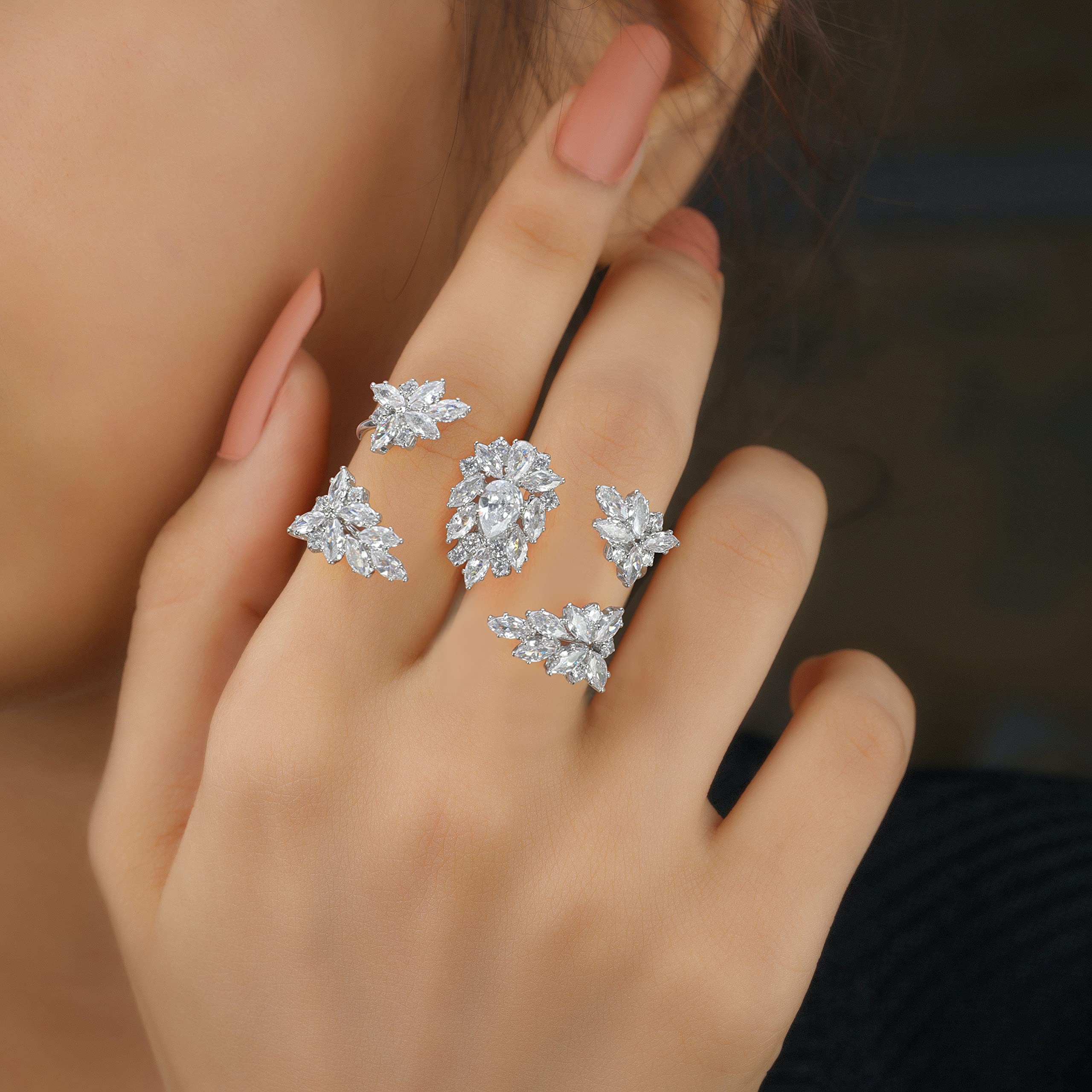 Aprilery Three-Finger Statement Ring Palm for Women, Fashion CZ Crystal Adjustable Rings Cocktail Open Multiple Ring Leaf Wedding Party Prom Accessory Jewelry Gifts for Her (Style 4)