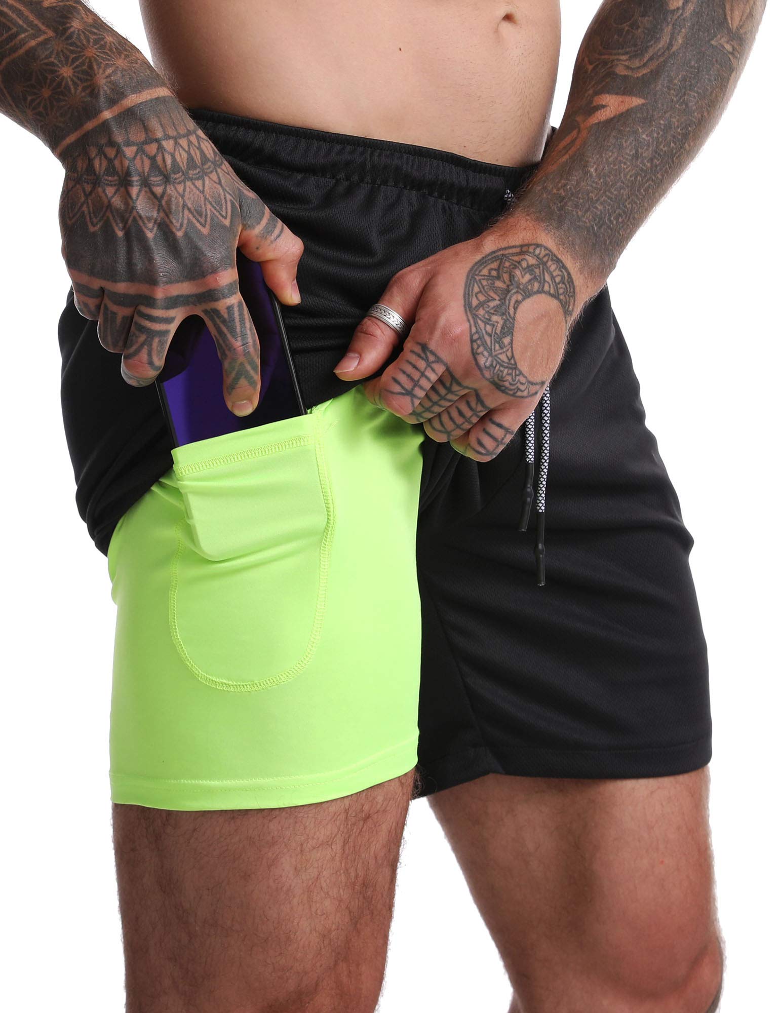 FLYFIREFLY Men's 2-in-1 Workout Running Shorts 7" Lightweight Gym Yoga Training Sport Short Pants Yellow Camo