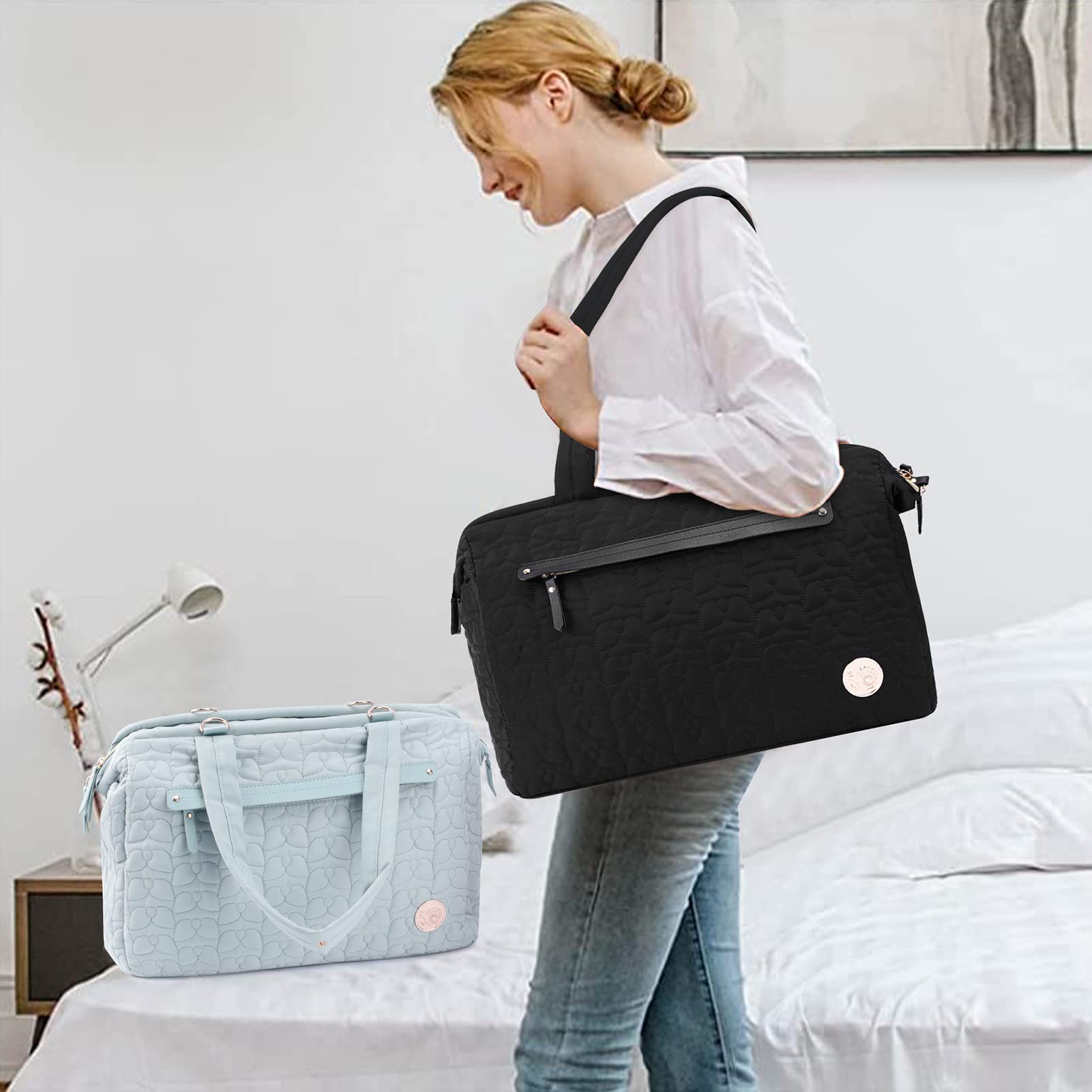 Bebamour Diaper Bag,Diaper Changing Totes Bag for Mom and Dad Multi-function Baby Diaper Bag Stylish Large Capacity Mommy Bag For Travel (Black)