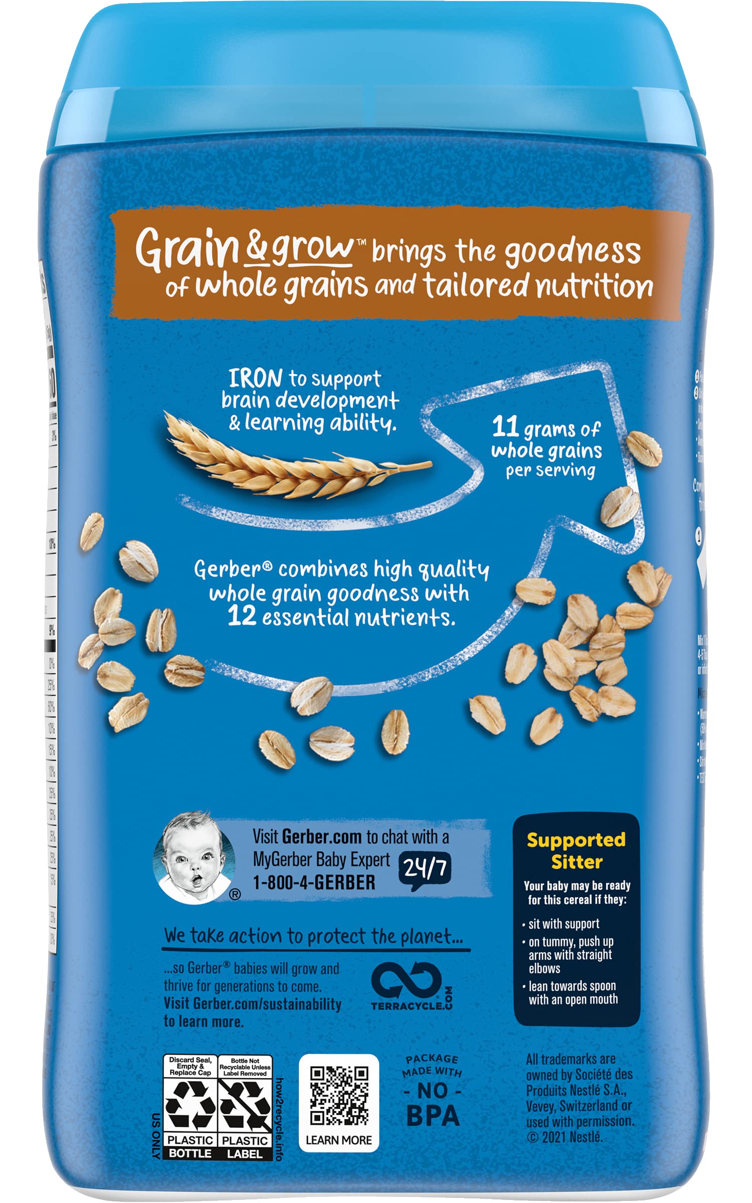 Gerber Cereal for Baby 1st Foods Grain & Grow Oatmeal Cereal, Made with Whole Grains & Essential Nutrients, Non-GMO, For Supported Sitters 8 Ounce (Pack of 6)