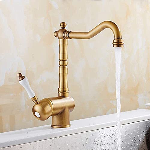 Kitchen Rotatable Washing Pool Hot and Cold Water Mixer Tap Antique Copper Drawing Sink Tap with Ceramics Handle Bathroom WC Bath Wash Basin Faucet