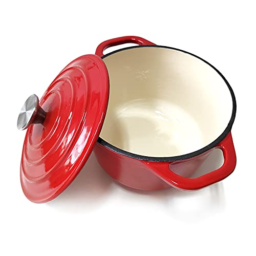 HAWOK Enameled Cast Iron Dutch Oven with Lid, 1.5 Quart Deep Round Dutch Oven with Dual Handles, Red