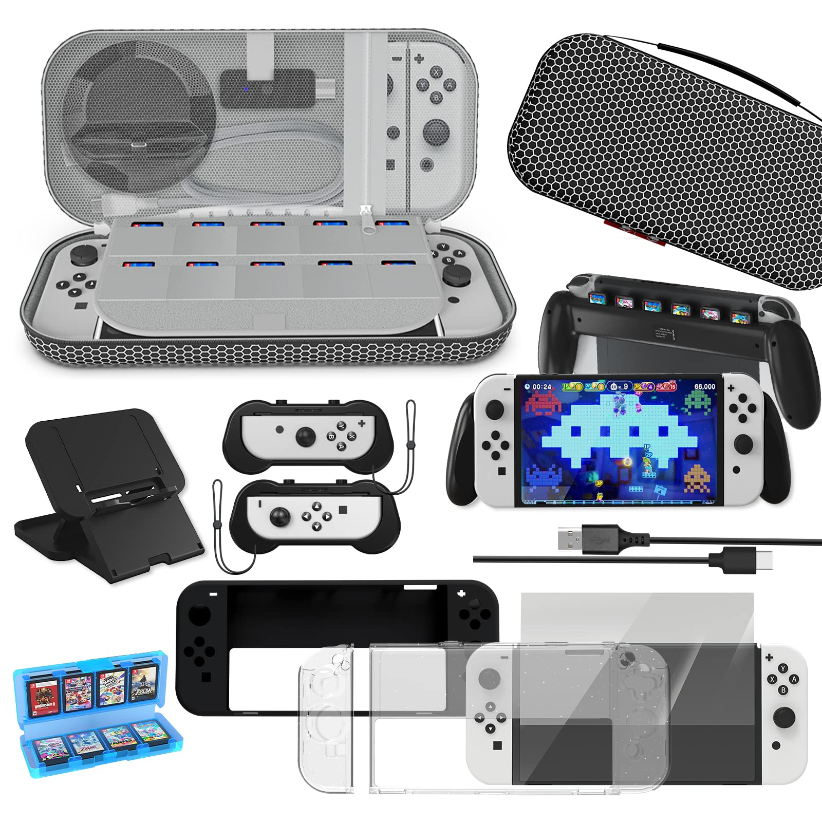 Accessories Bundle for Nintendo Switch OLED Model(2021), Super Kit with Carrying Case,Adjustable Console Playstand ,Handle Grips, Grips for Joycons,Clear Cover Protector and more(10 in 1)