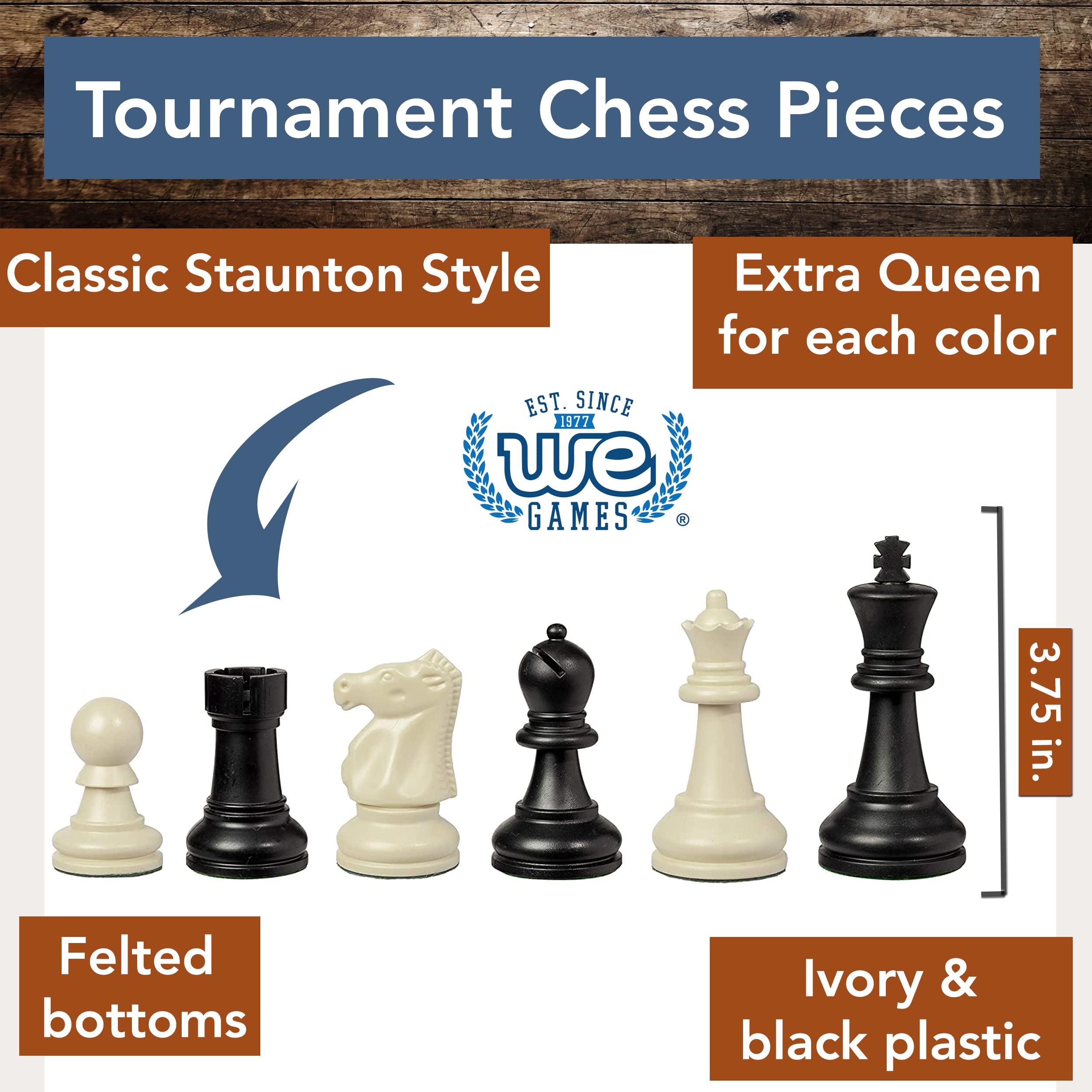 Bobby Fischer Ultimate Chess Pieces Set, Staunton Plastic Tournament Chess Set -Extra Queens, Triple Weighted