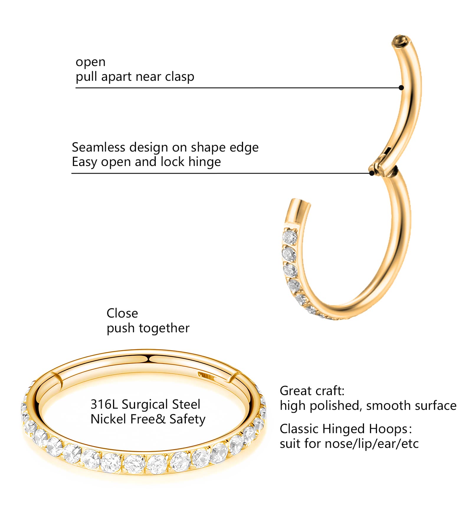 AJEVIE CZ Silver Nose Rings Hoops - 316L Stainless Steel Cartilage Earrings Piercing Jewelry Hinged Segment Rings Lip Rings Piercing Kit