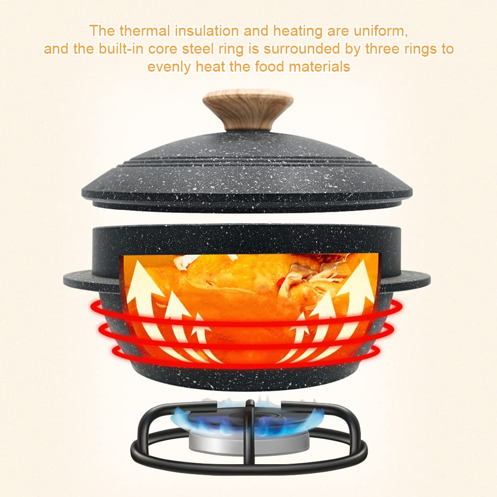 Bobikuke Cast Aluminum Pot with Lid, 7.9 in Non-Stick Casserole Dish Korean Stone Bowl Induction Compatible, Black