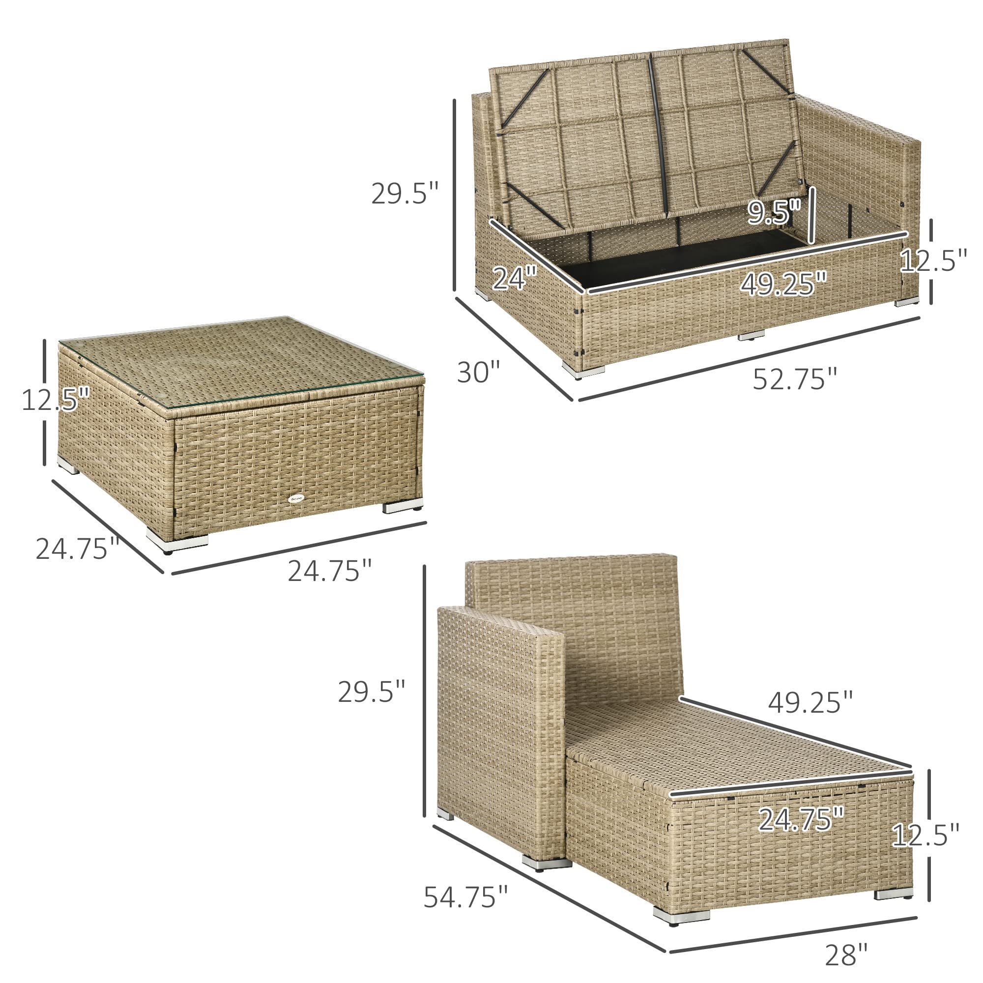 Outsunny 3 Piece Patio Wicker Furniture Set with Storage Loveseat, PE Rattan Conversation Sofa Set, L-Shaped Sectional Couch with Soft Cushions, and Glass Top Coffee Table, Khaki