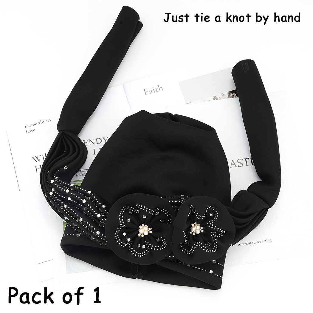African Flower Turban Black Pre-Tied Headwrap Crystal Bonnet Beanie Cap Headbands for Women