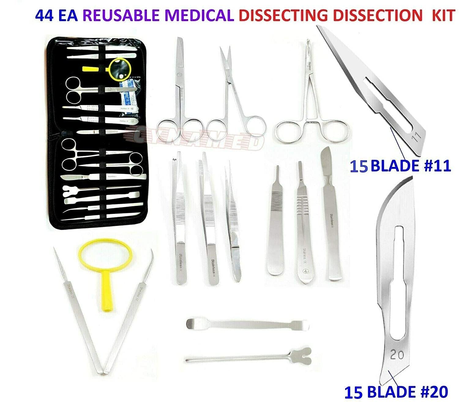 Cynamed 44Pcs Advanced Dissection Dissecting Kit -Biology & Veterinary Students- Anatomy Lab Botany Animal Frog Etc Dissecting Kit. Stainless Steel Scalpel Knife Handle-30 Blades (Zipper Case)