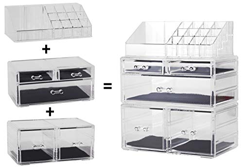 Sooyee Makeup Organizer,Acrylic Cosmetic Organizer Storage Drawers Jewelry and Cosmetic Display Cases Box(5 Drawers 7 Tiers) 3 Pieces Stackable,Clear