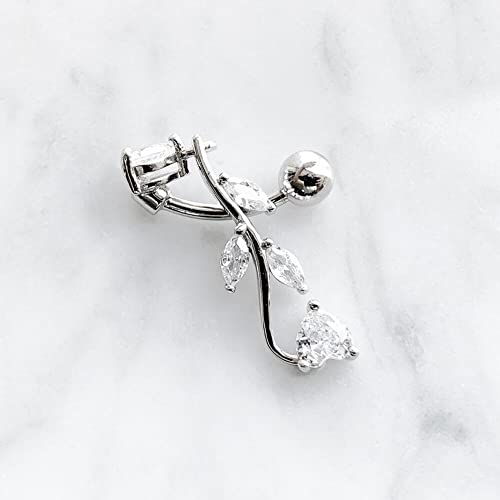 Arardo Sterling Silver Top Down Reverse Belly Button Rings, Real 925 Sterling Silver Belly Rings, 14G Reverse Belly Button Ring, Sterling Silver Navel Piercing Rings, Dangle Leaves, 10mm, SS50-1