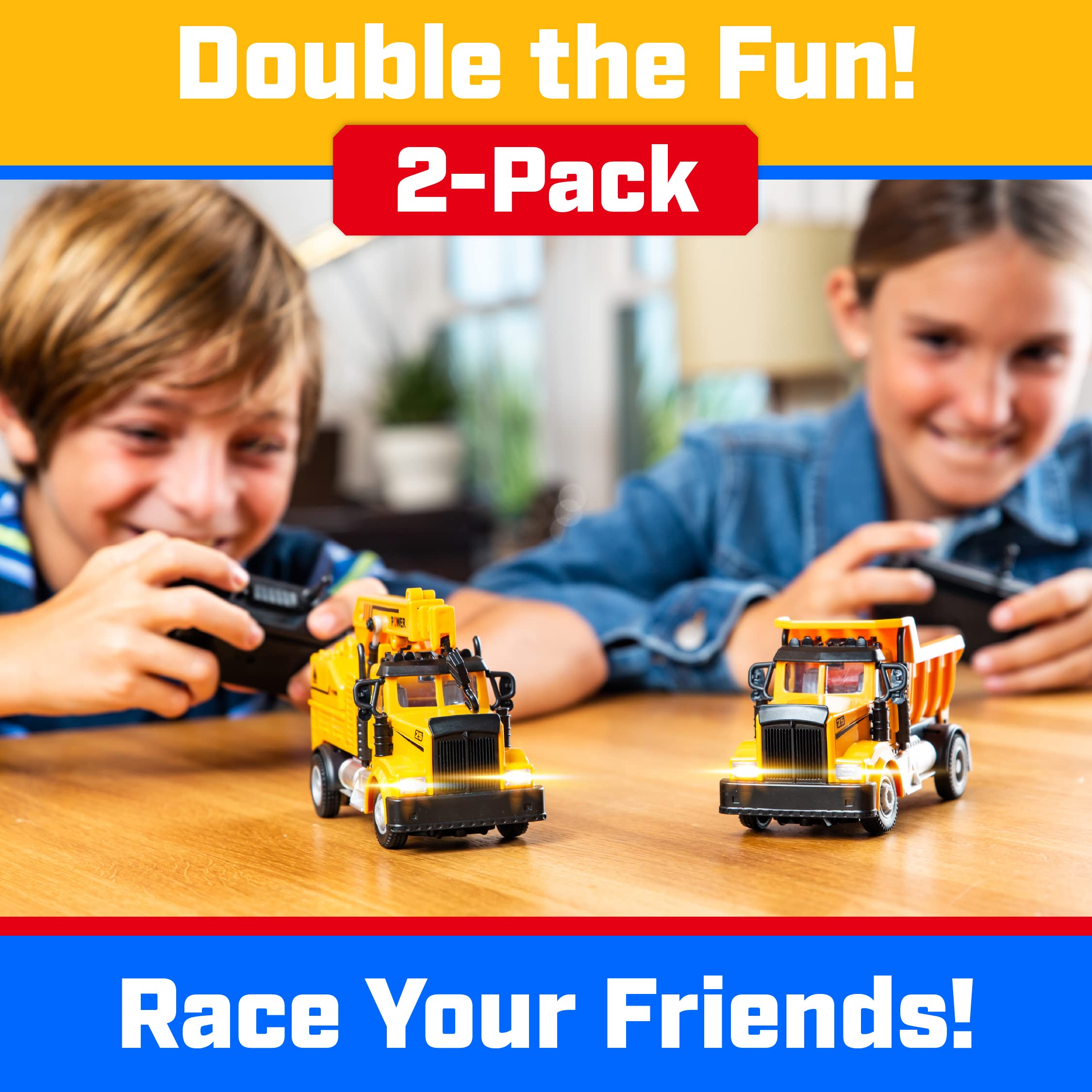 Force1 Mini Construction RC Trucks for Kids - 2 Pack Remote Control Toy Trucks Set with Mini Scoop RC Truck, Mini Cement Mixer Toy Truck 2.4GHz Remote Controls Bright LEDs and RC Toy Batteries Yellow
