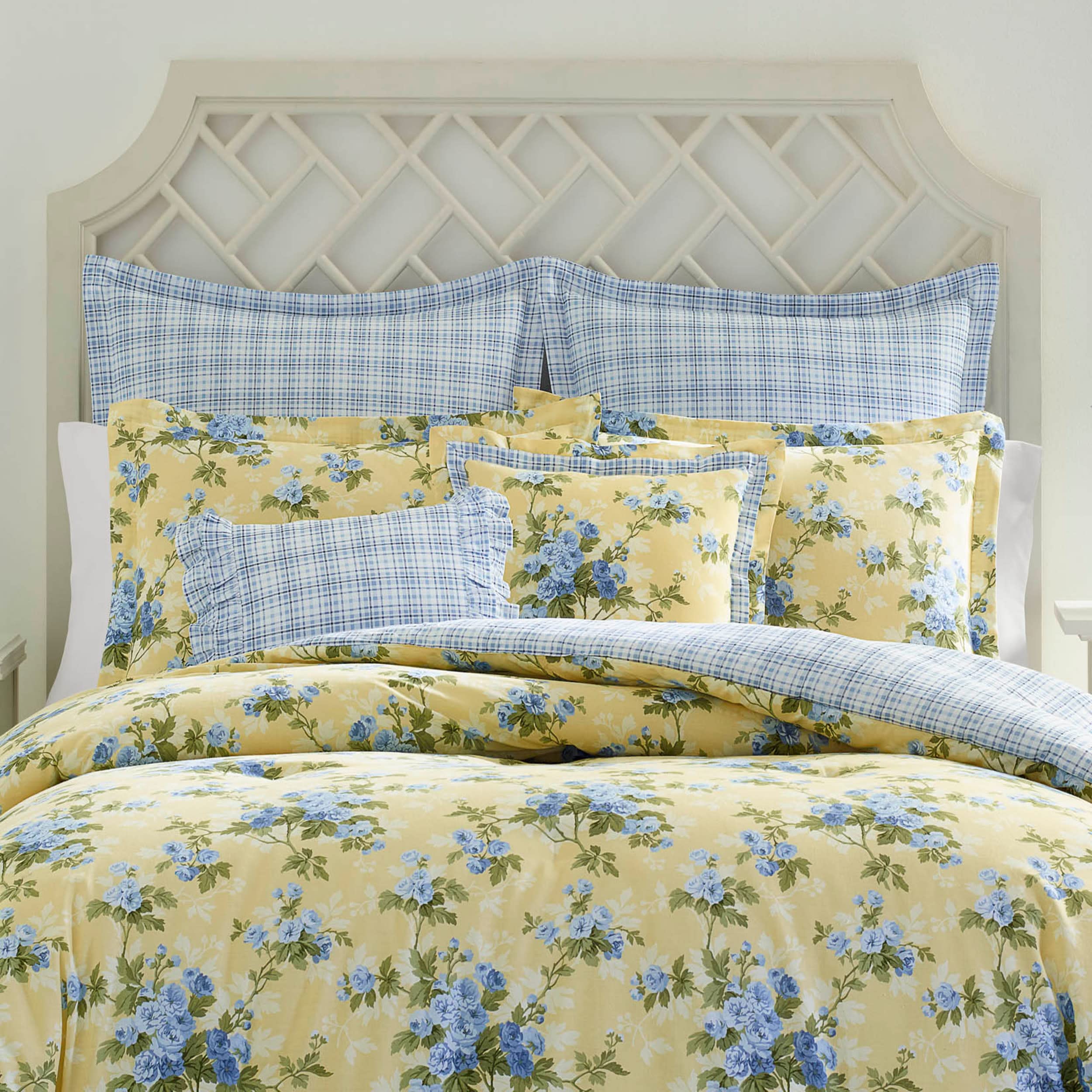 Laura Ashley - Queen Duvet Cover Set, Reversible Cotton Bedding with Matching Shams, Includes Bonus Euro Shams & Throw Pillow Covers (Cassidy Yellow, Queen)