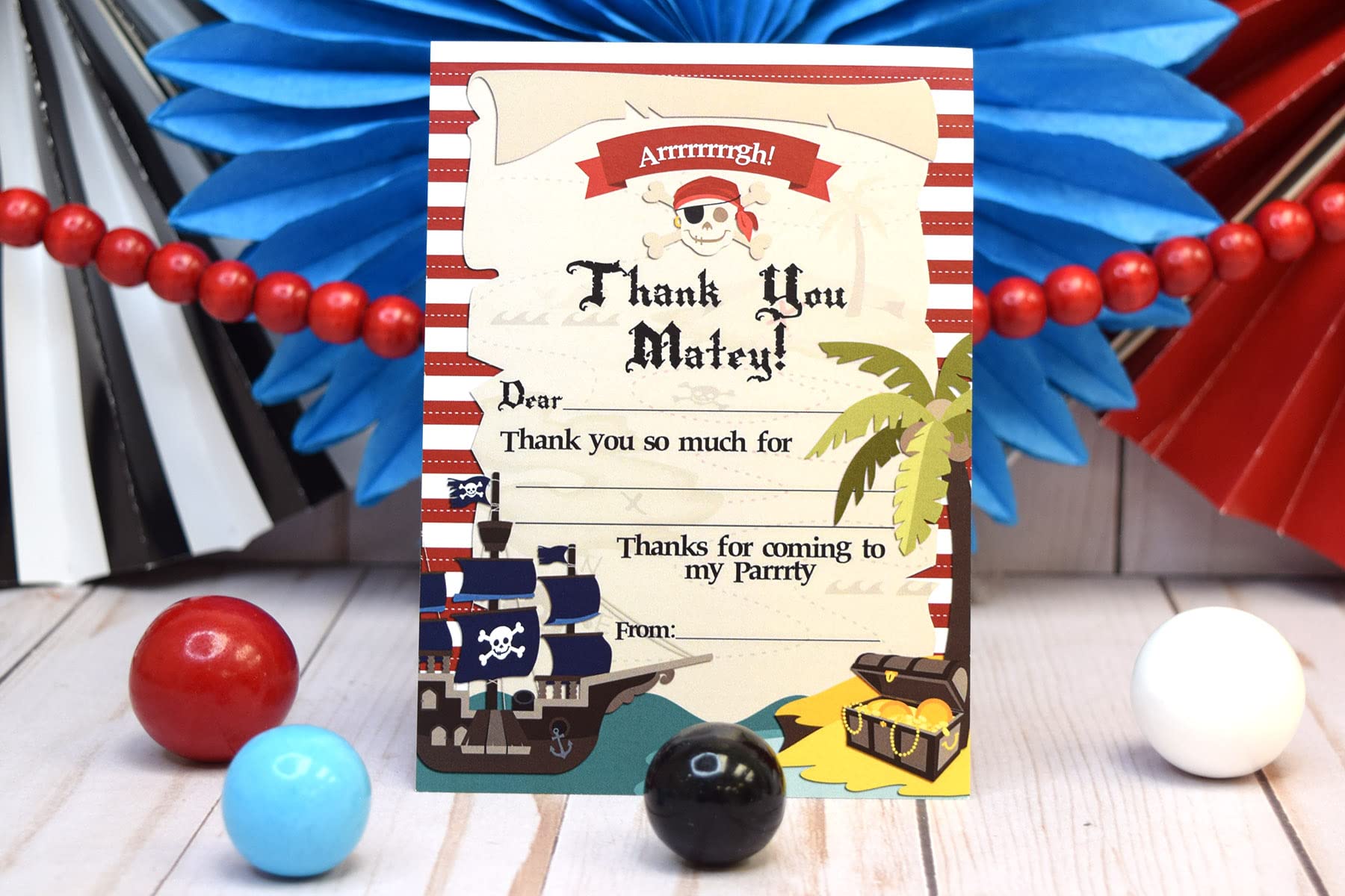 Pirate Treasure Map Birthday Thank You Notes, Ten 4" x 5.5" Fill In The Blank Cards with 10 White Envelopes by AmandaCreation