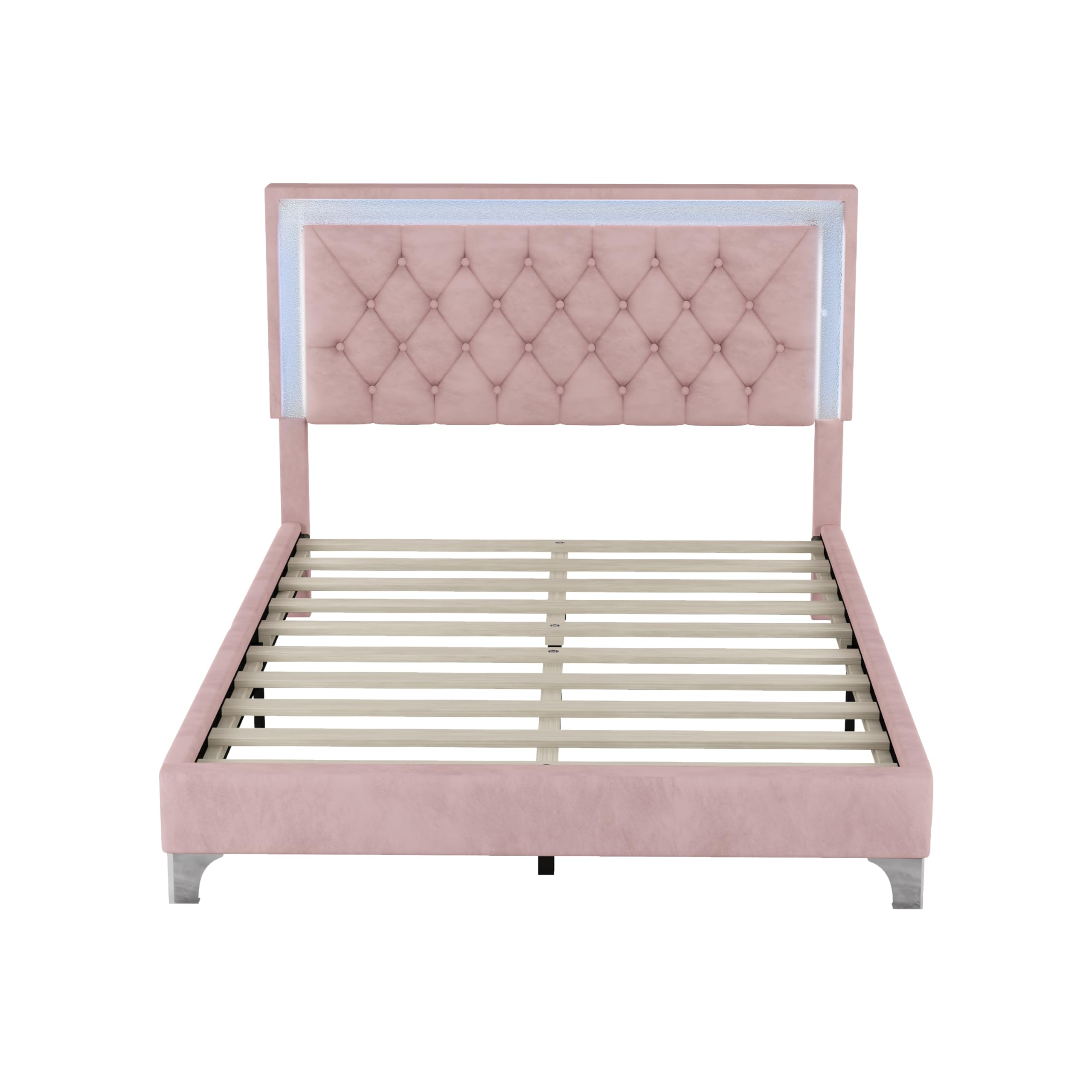 BEDGJH Upholstered Full Size Bed Frame with LED Lights, Modern Velvet Platform Bed with Tufted Headboard, Perfect for Kids Teens Girls & Boys Bedroom,No Box Spring Needed/Easy Assembly (Pink, Full)