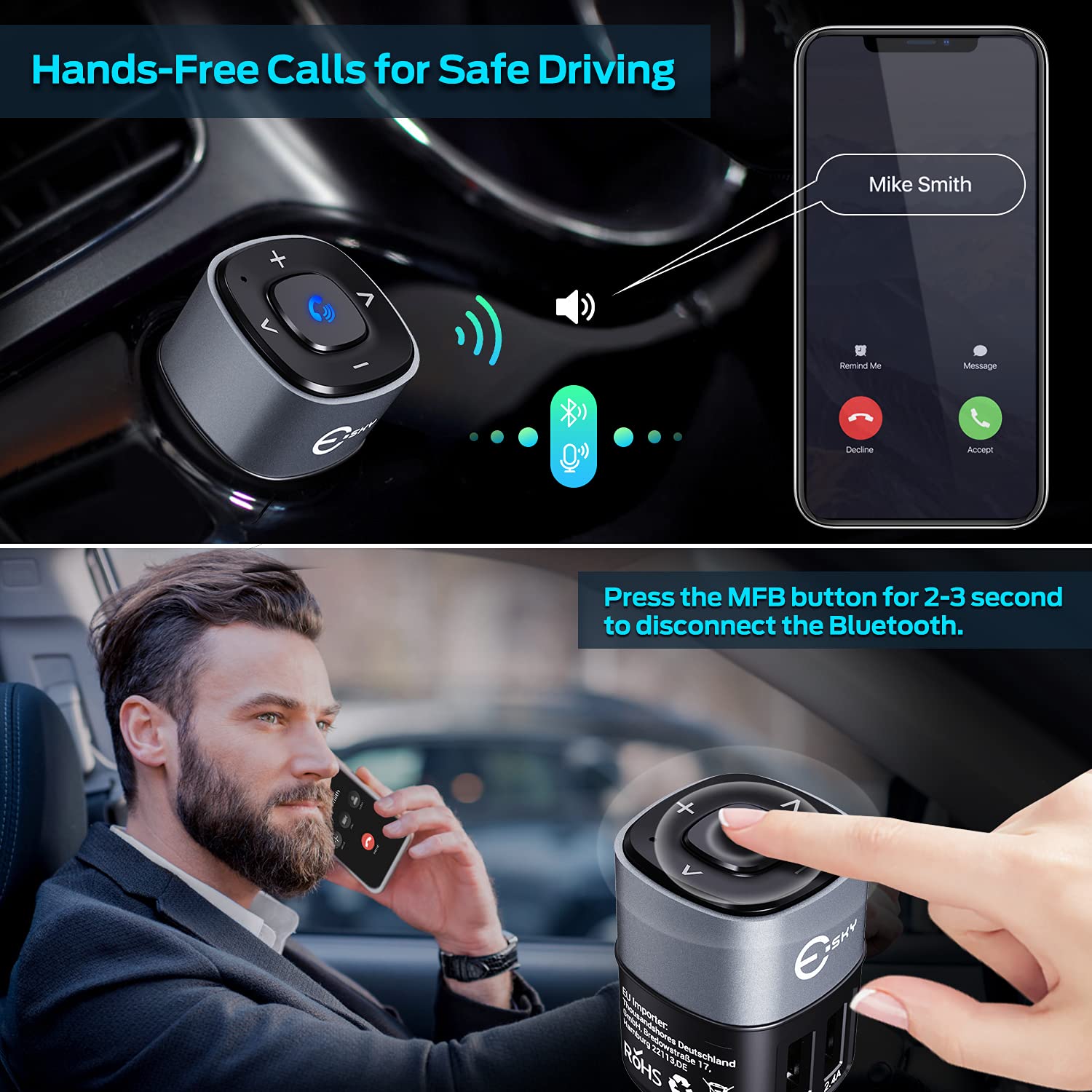 Esky Bluetooth Receiver for Car, 3.5mm Aux Bluetooth Car Adapter, Bluetooth 5.1 Wireless Car Audio Stereo Kits with Hands-Free Call, Dual USB Ports Car Charger