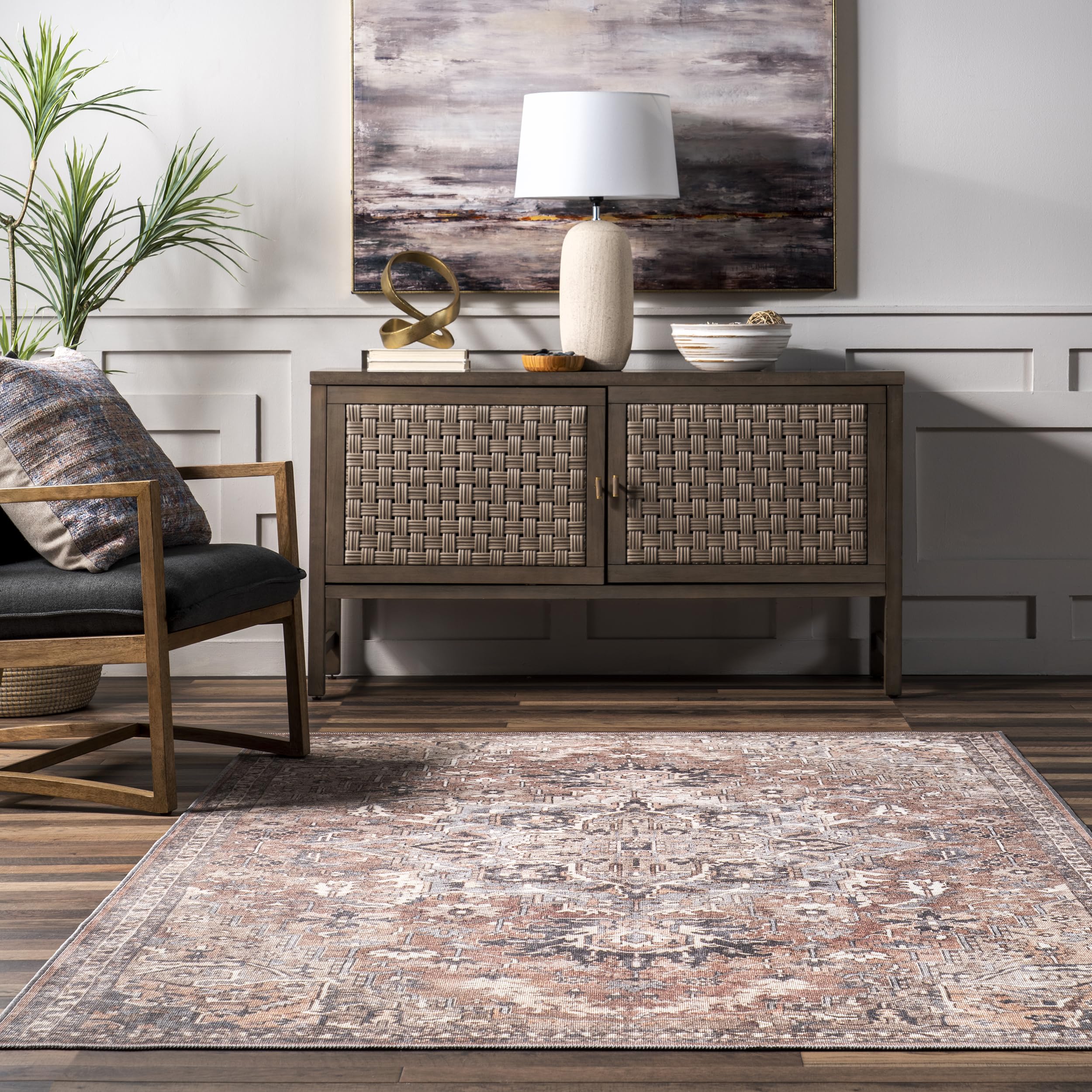 nuLOOM Aino Traditional Machine Washable Area Rug, 4x6, Rust
