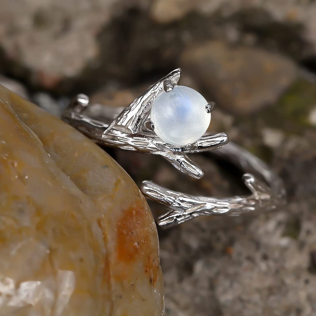 Angol Moonstone Rings Sterling Silver Adjustable Genuine Moonstone Ring with Irregular Branches for Birthday Anniversary Weeding Engagement for Women